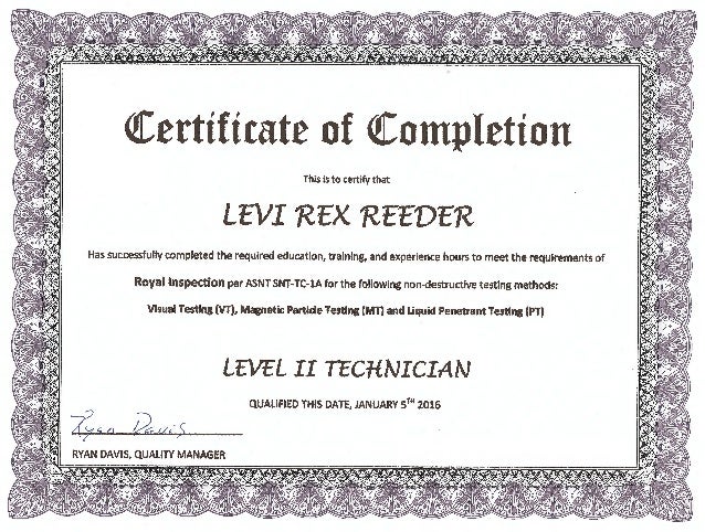 Levi Reeder NDT Cert Package 2016