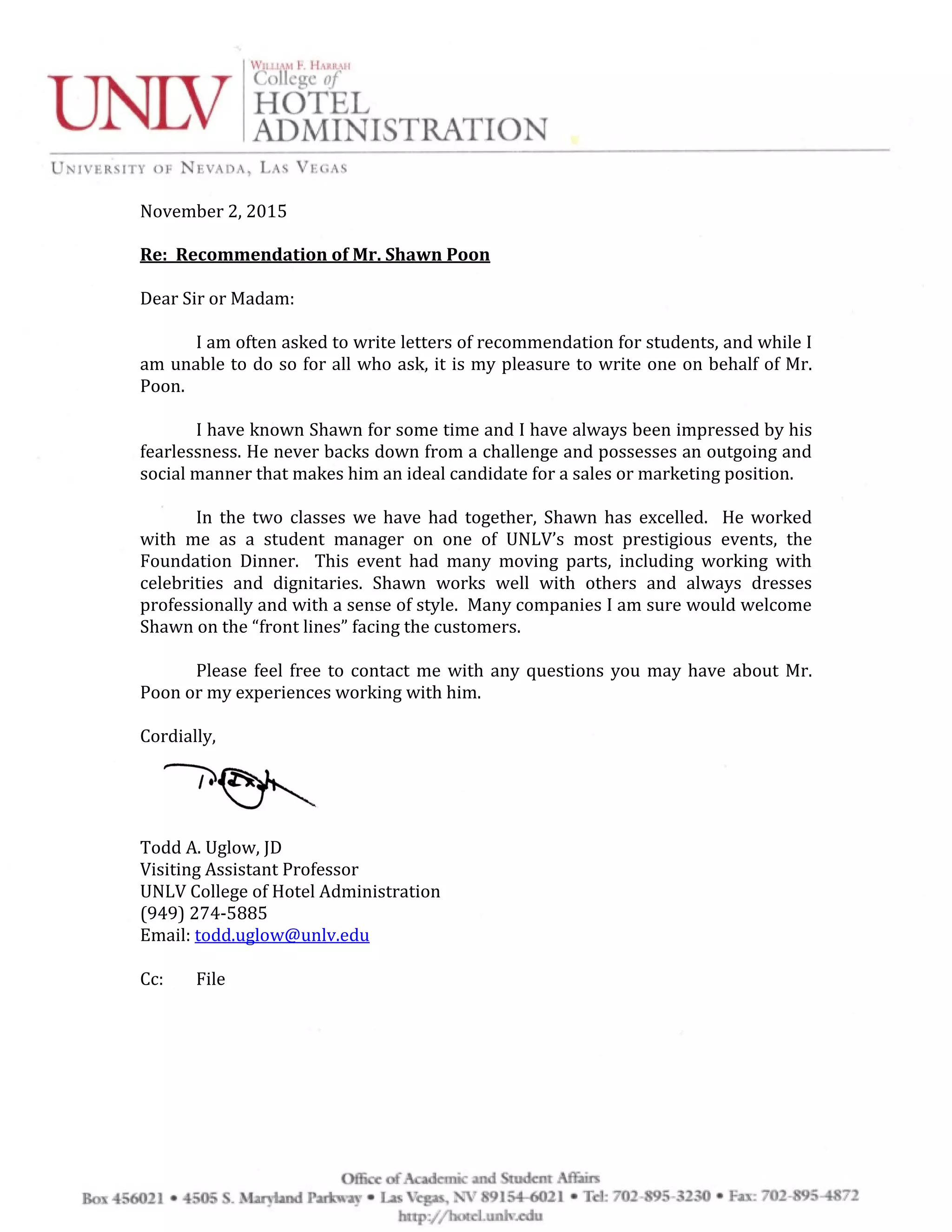 Letter of Recommendation Shawn Poon | PDF | Hotel Properties | Real Estate