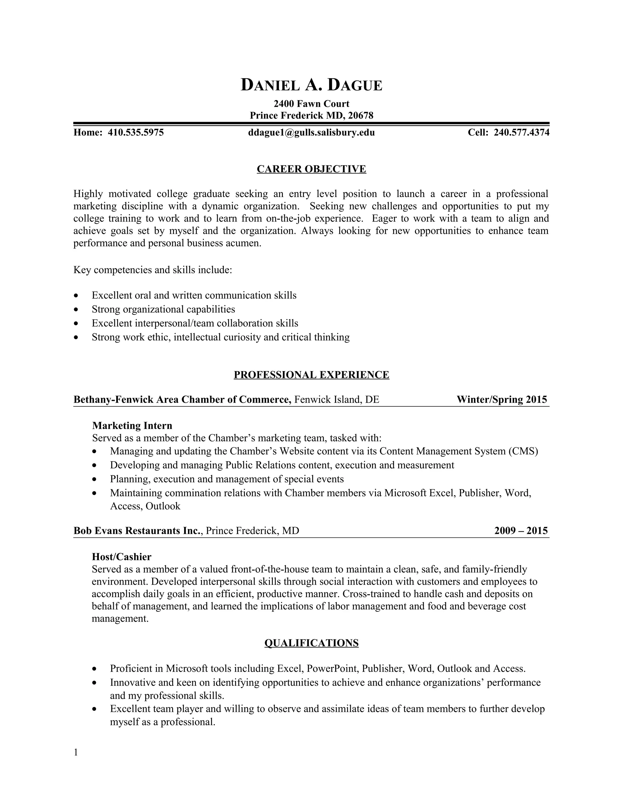 Dague, Daniel Resume | DOC | Business Administration | Business