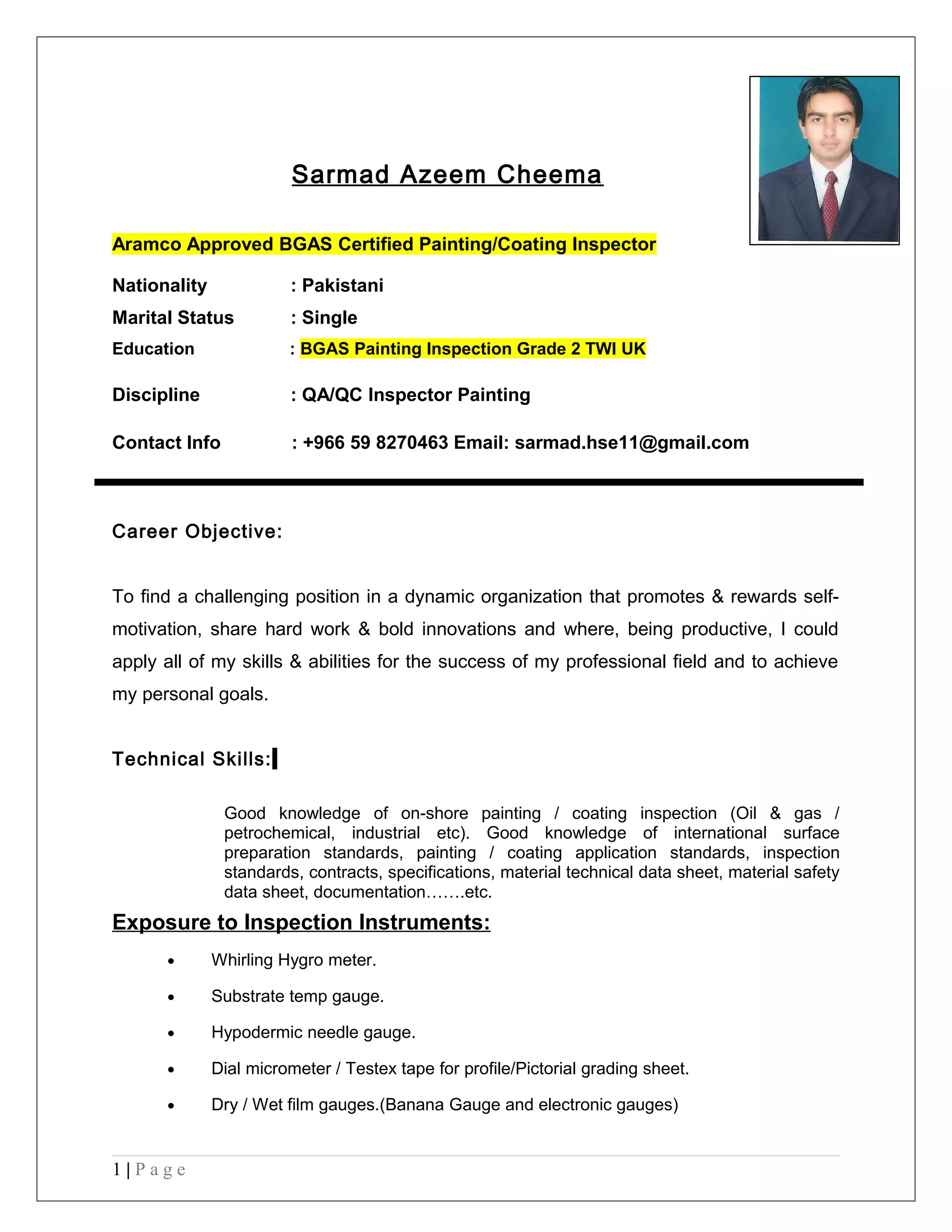 Sarmad Azeem Cheema - BGAS Gr 2 Coating Inspector (1) | DOC