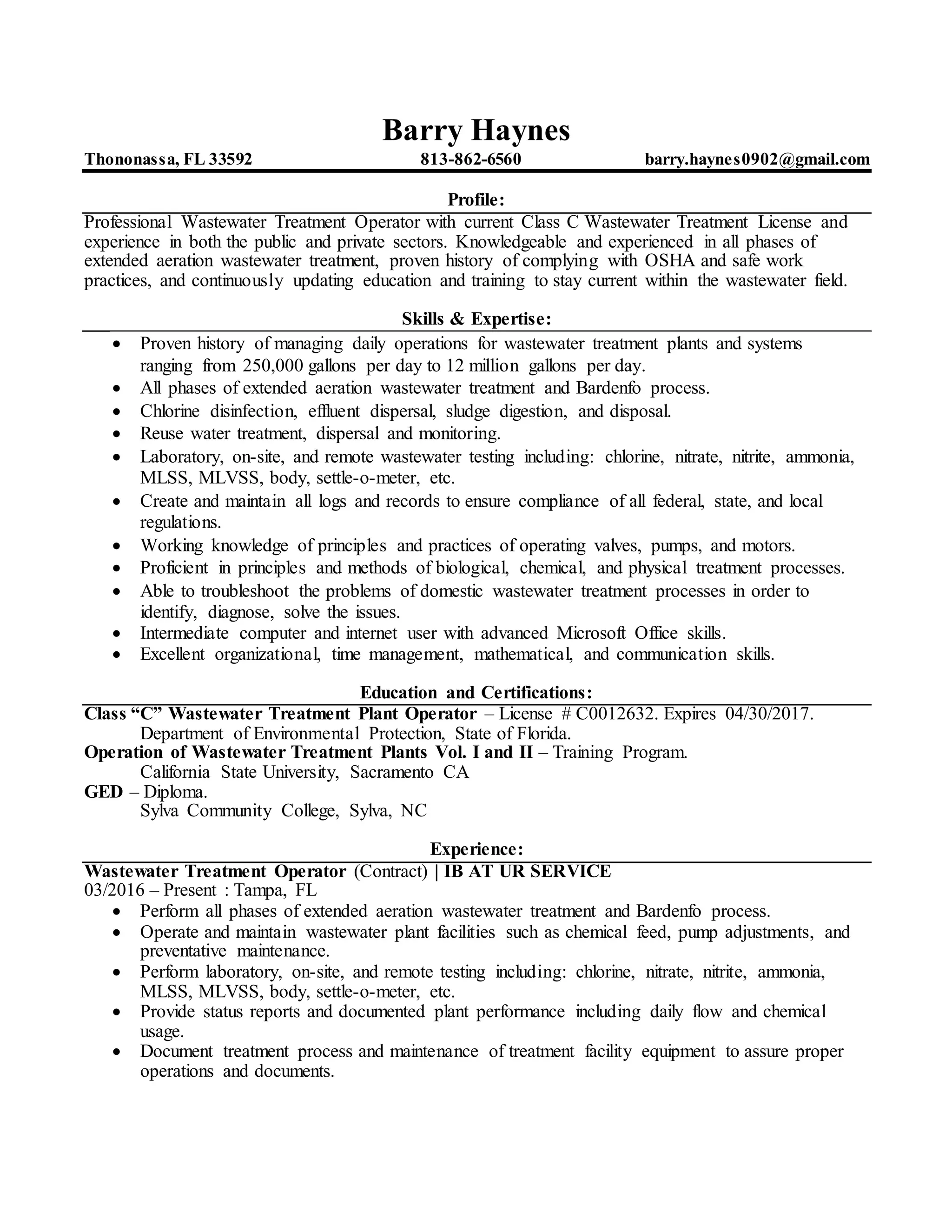 Barry Haynes_wastewater operator resume | DOCX