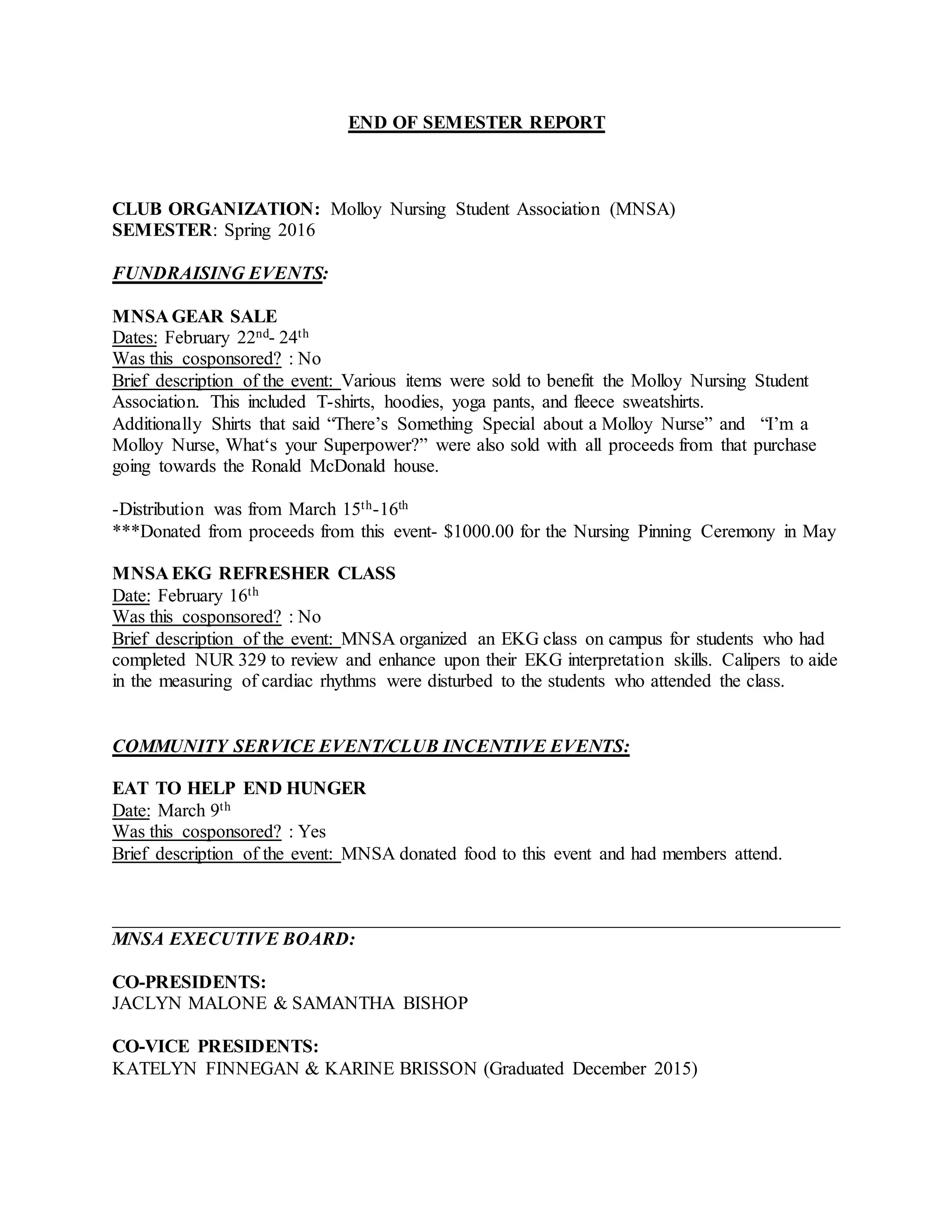 MNSA END OF SEMESTER REPORT- SPRING 2016 | DOCX
