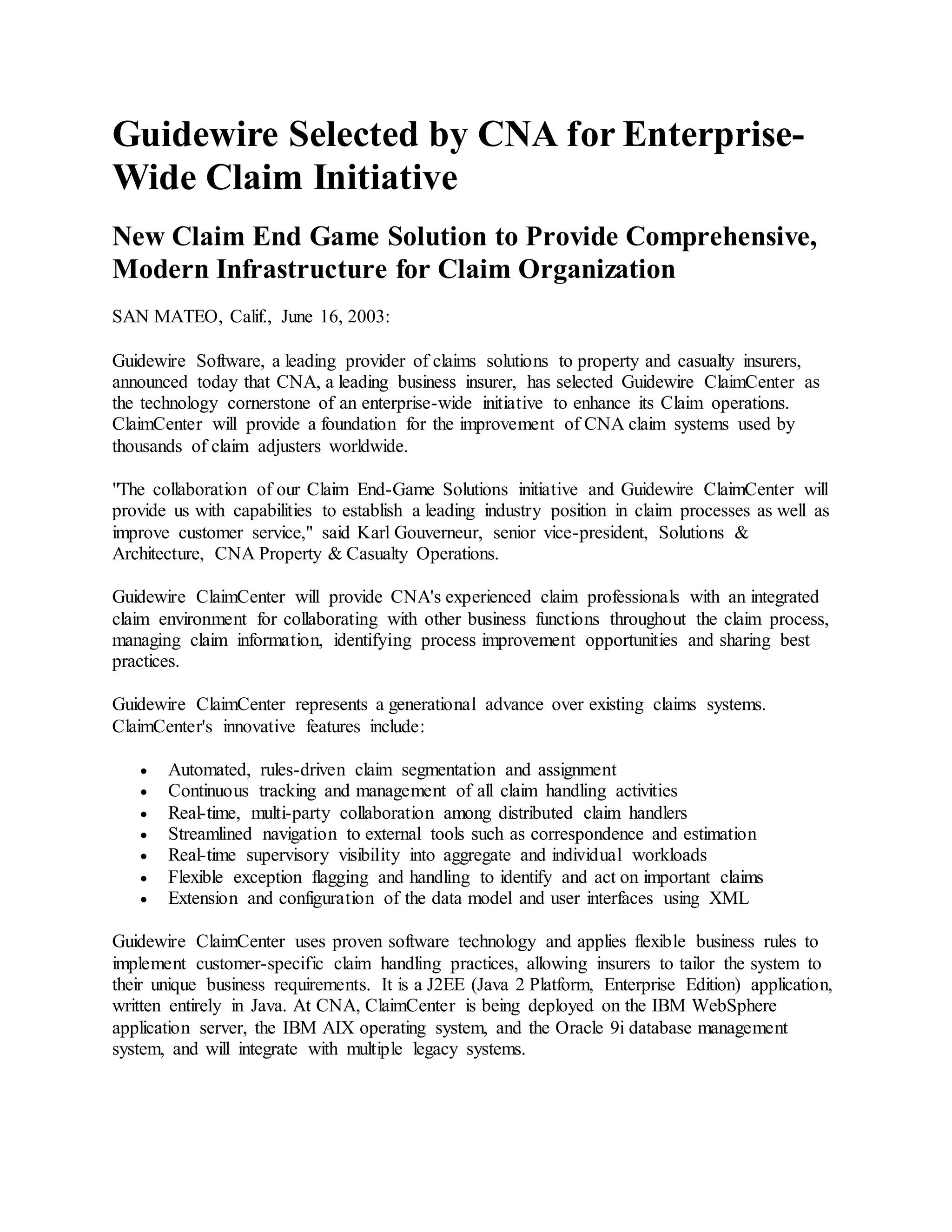 Guidewire Selected by CNA for Enterprise-Wide Claim Initiative | DOCX