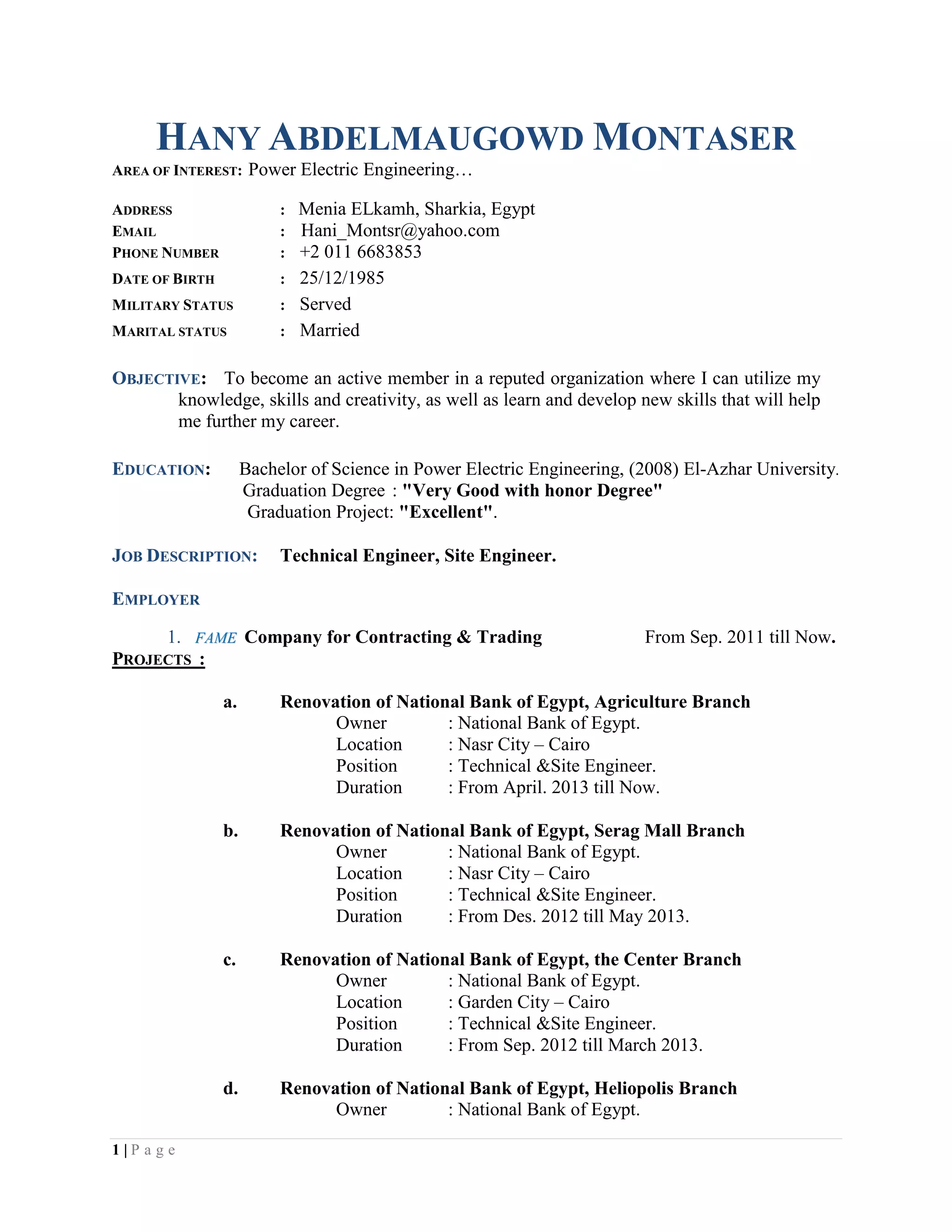 Ele.eng. Hany Montser - CV | PDF