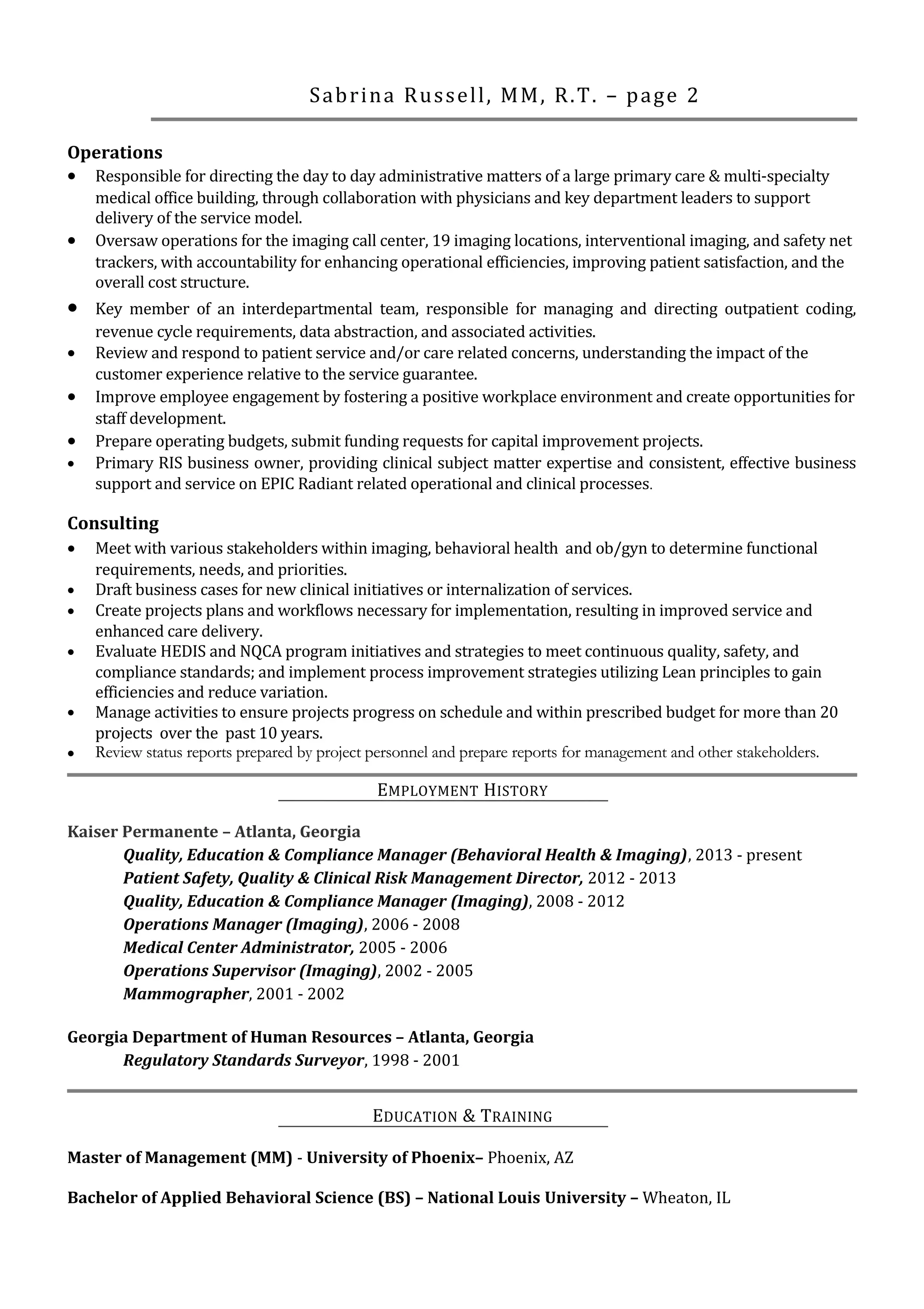 Sabrina Russell Resume | DOC | Healthcare Industry | Industries