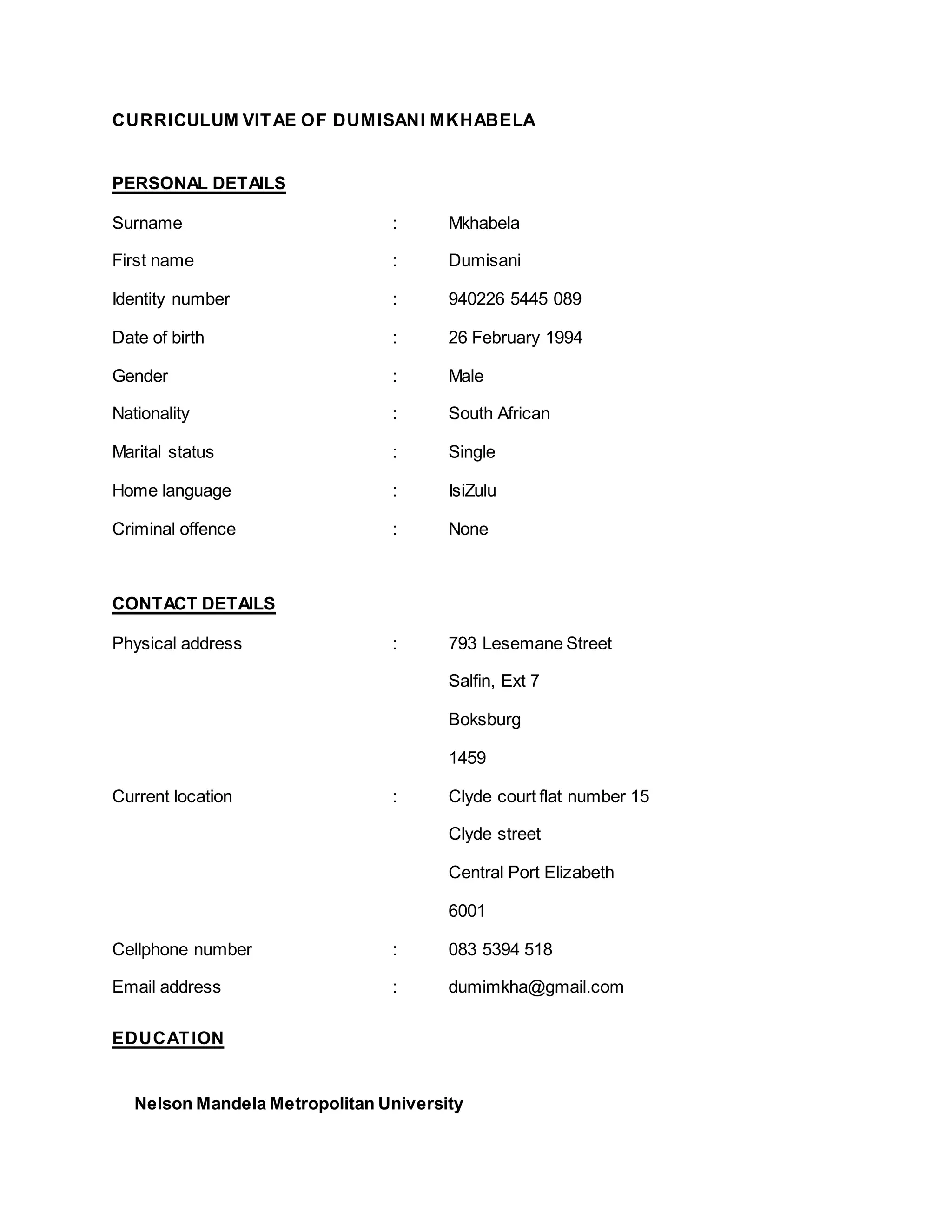 Dumisani Mkhabela Cv | PDF