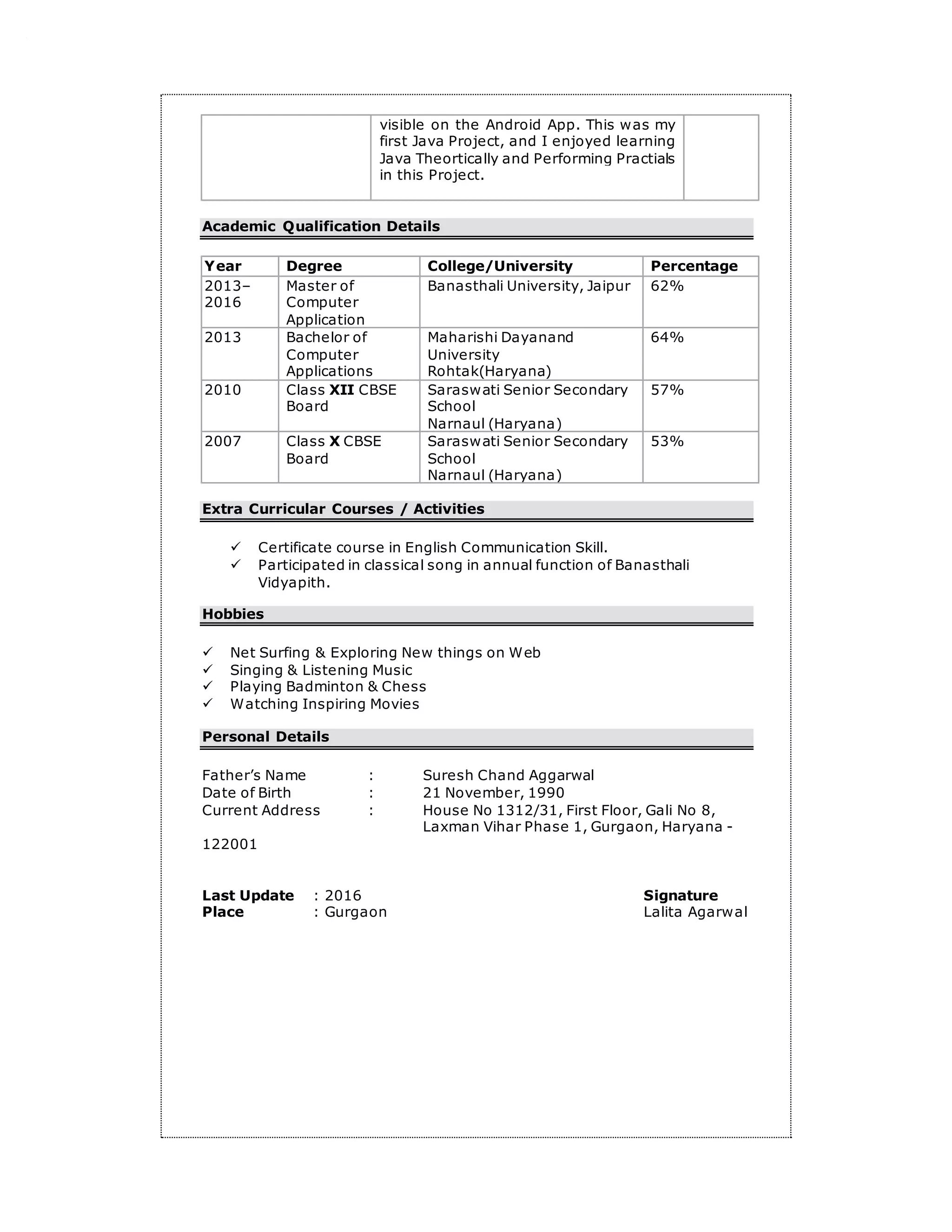 Resume_Lalita Agarwal_MCA Fresher_Software Developer | PDF