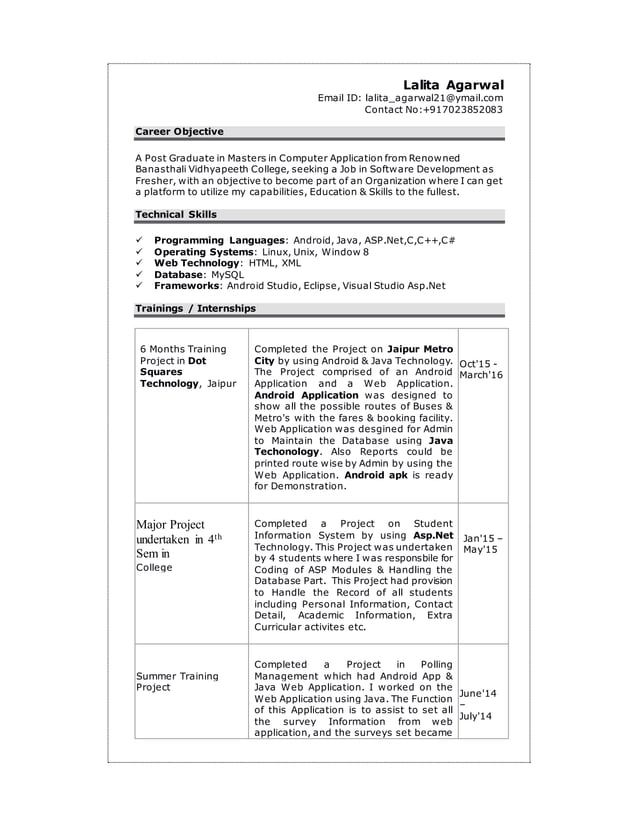 Resume_Lalita Agarwal_MCA Fresher_Software Developer | PDF