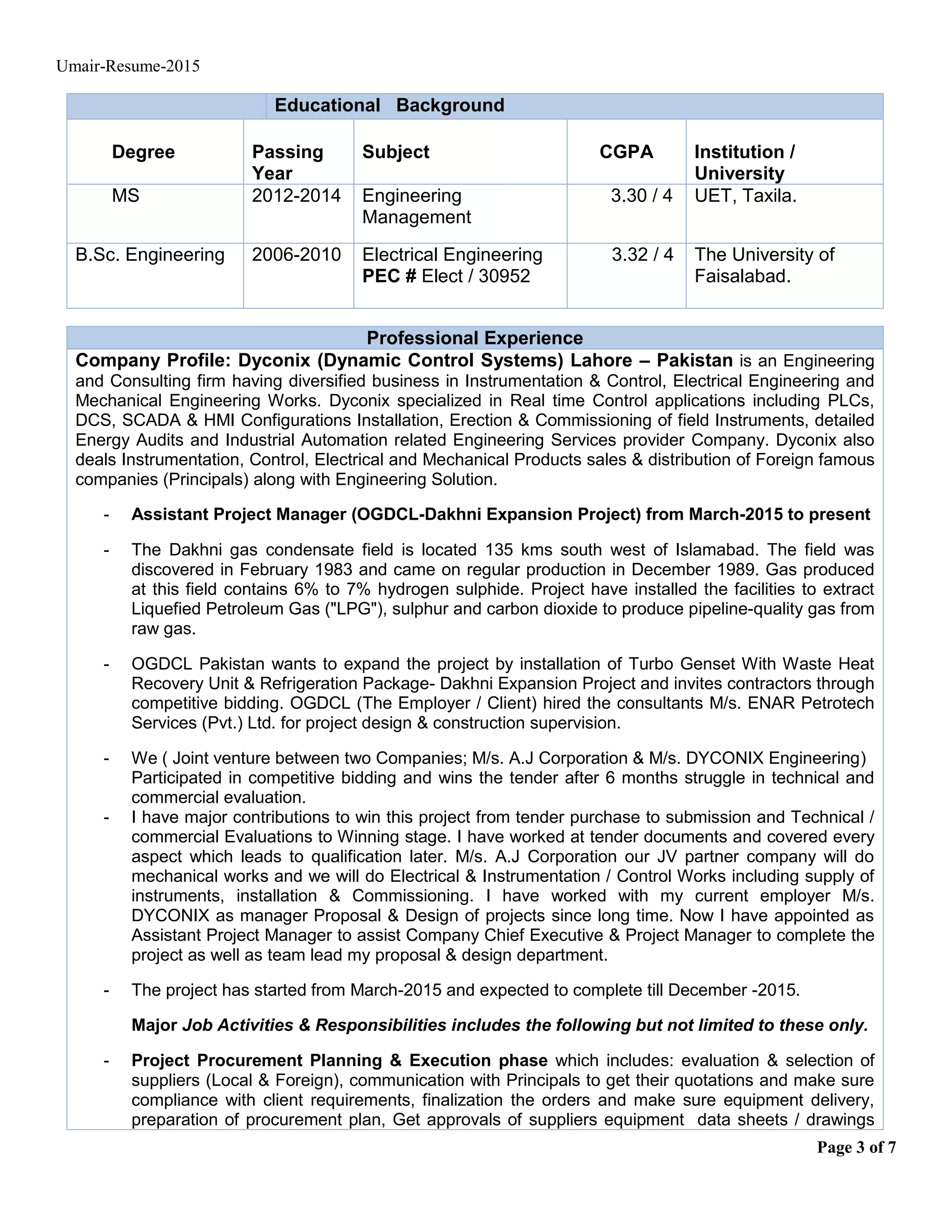 Umair-Electrical Engineer's Resume-2015 | PDF