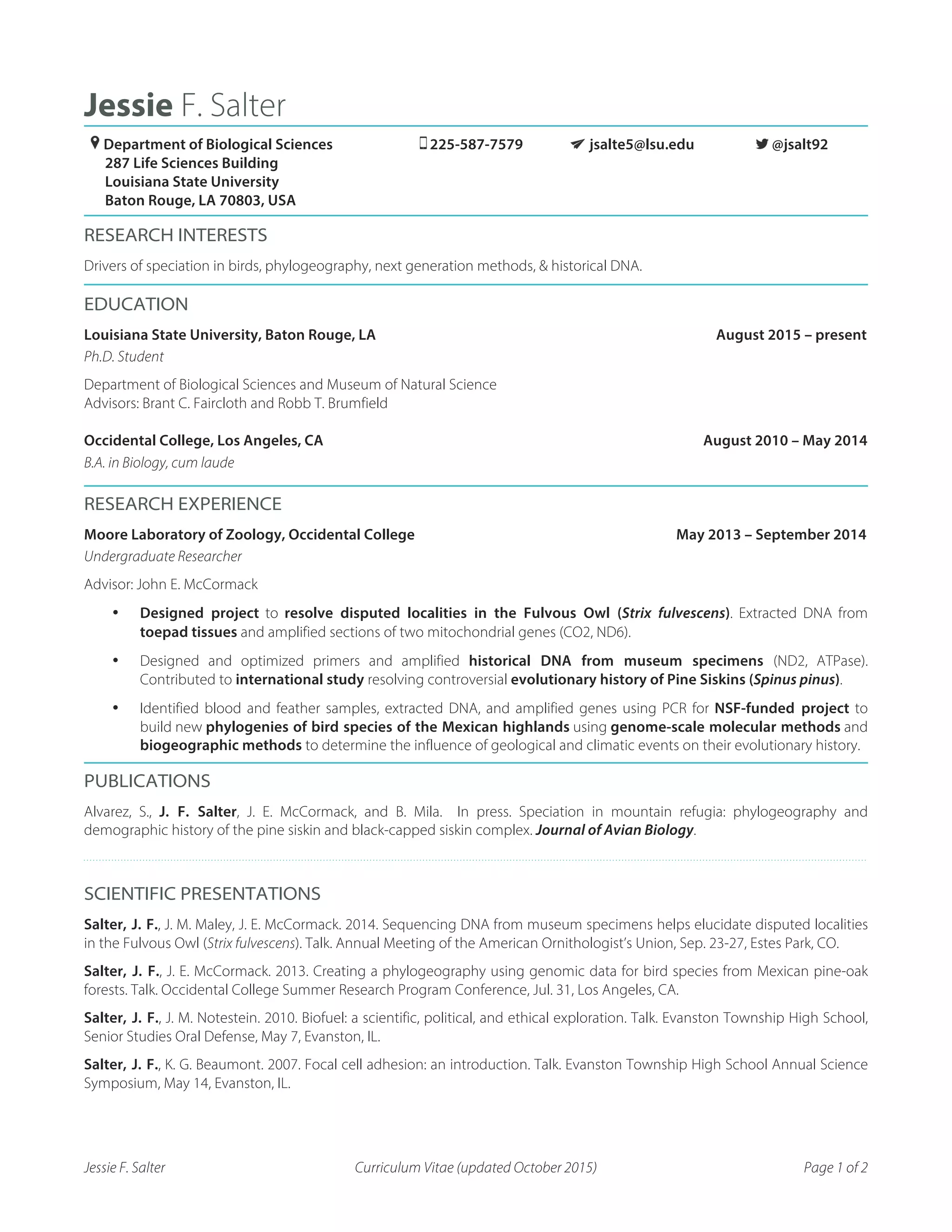 Jessie F Salter CV Oct 2015 | PDF