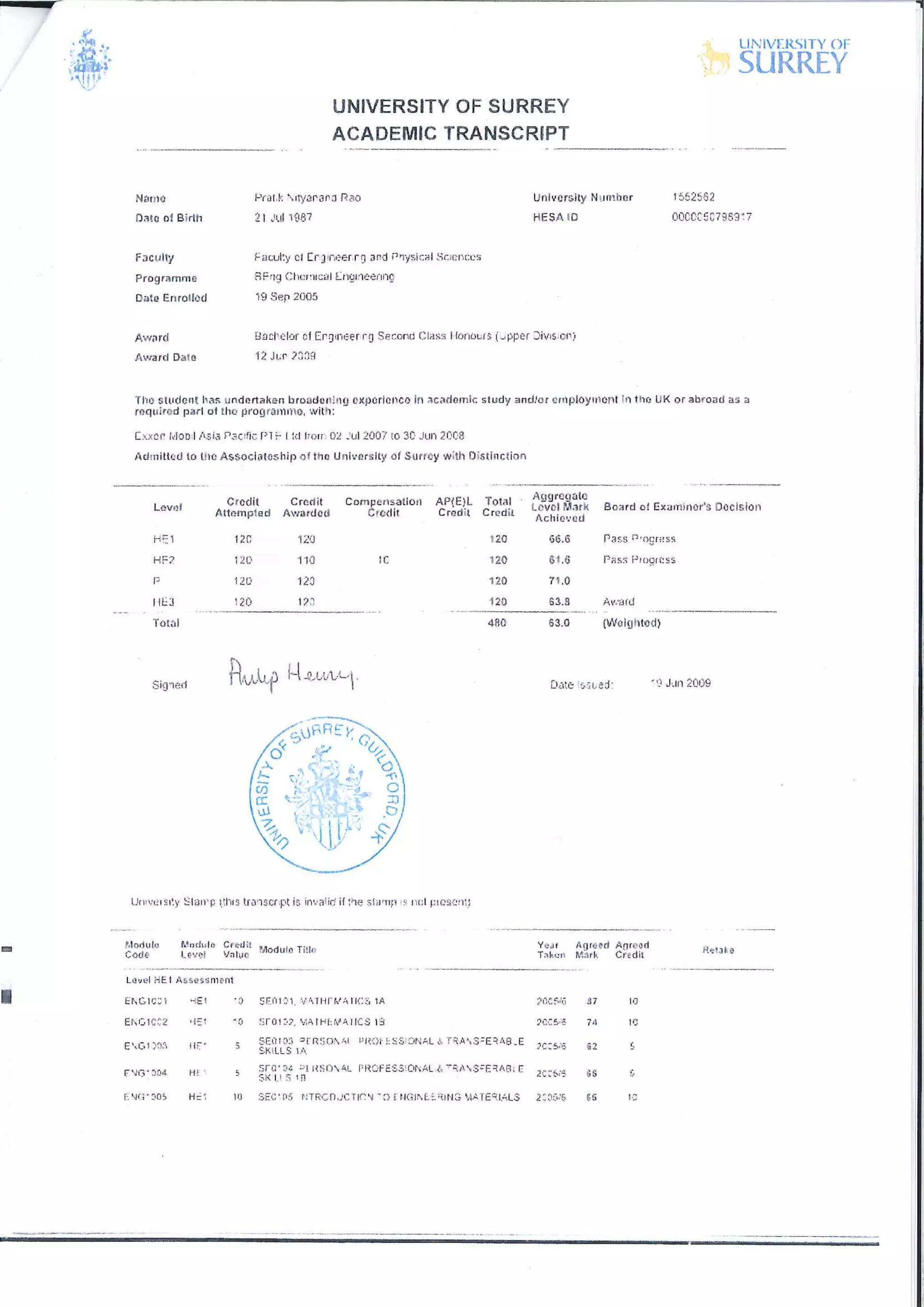Pratik Rao - BEng Degree & Transcript | PDF