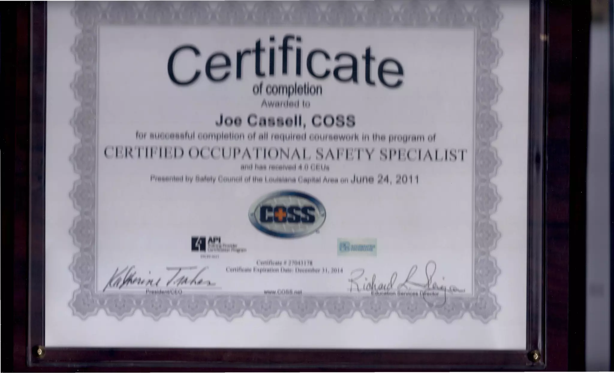 Joe Cassell's COSS Certification | PDF