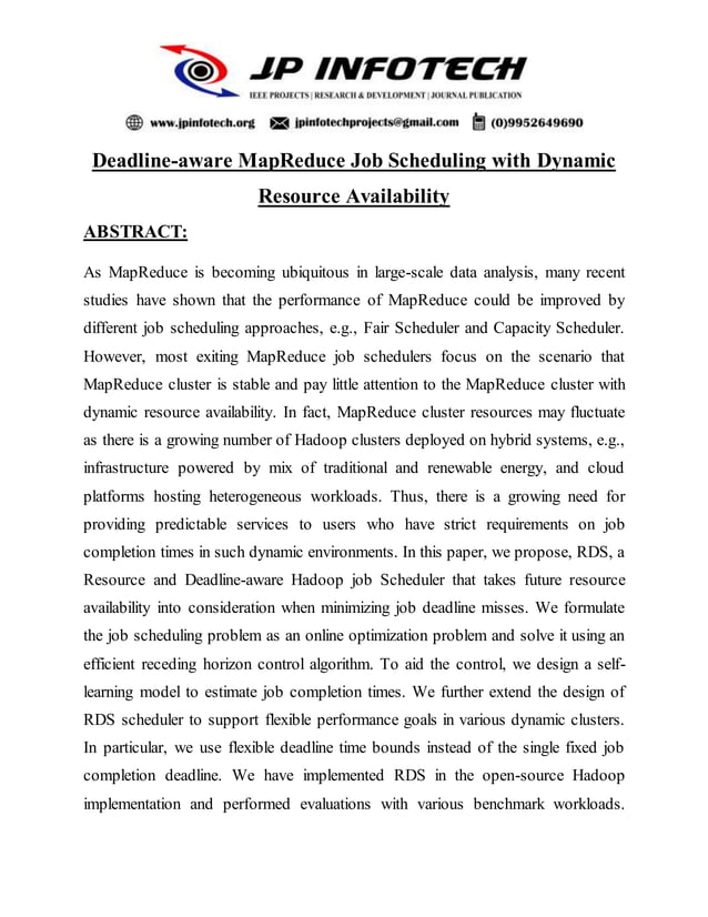 Deadline-aware MapReduce Job Scheduling with Dynamic Resource Availability | DOCX | Cloud ...