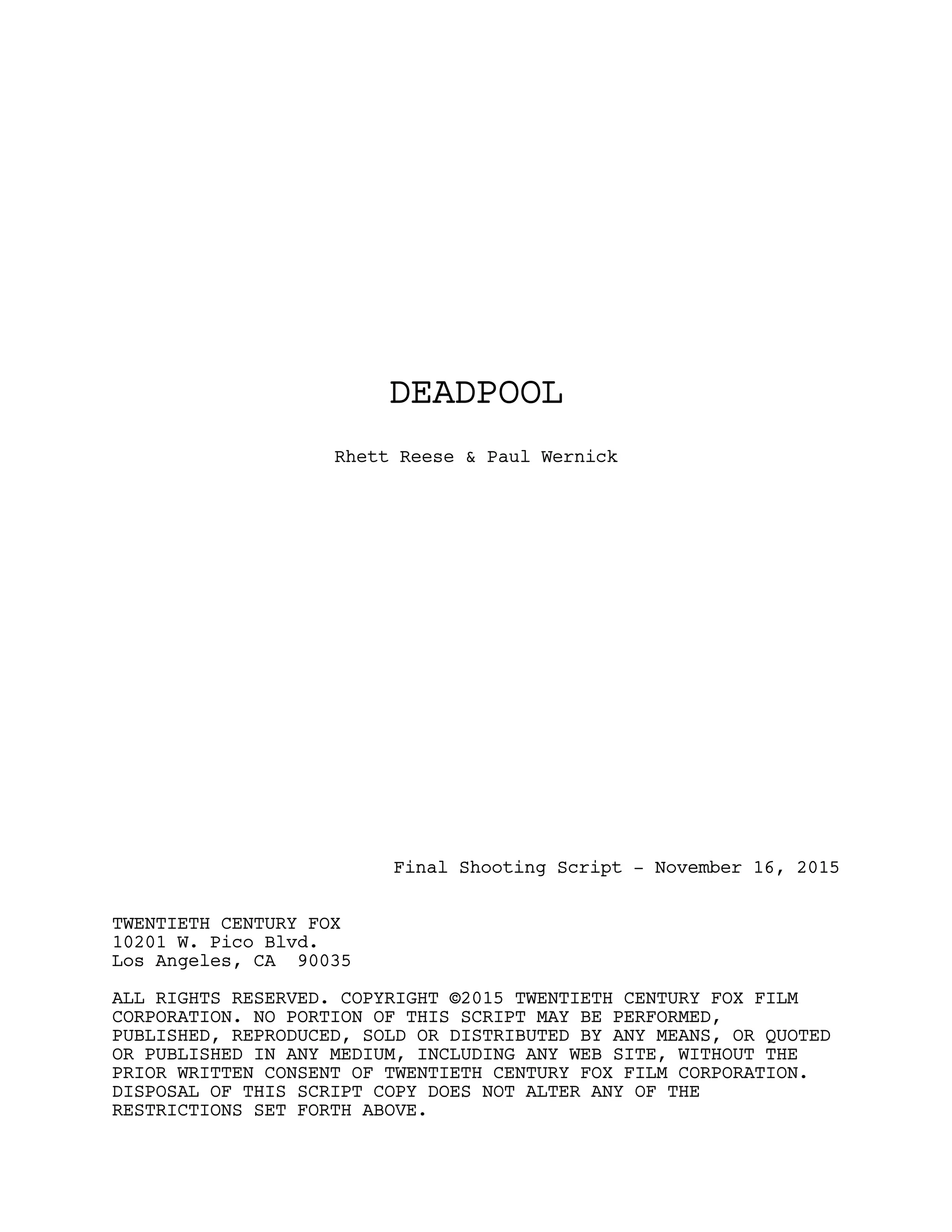 Film Senaryo Örnekleri : Deadpool | PDF
