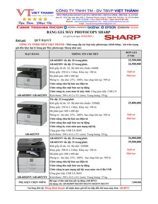Bảng báo giá Máy Photocopy Sharp giá đại lý - Cty TBVP Việt Thành | PDF