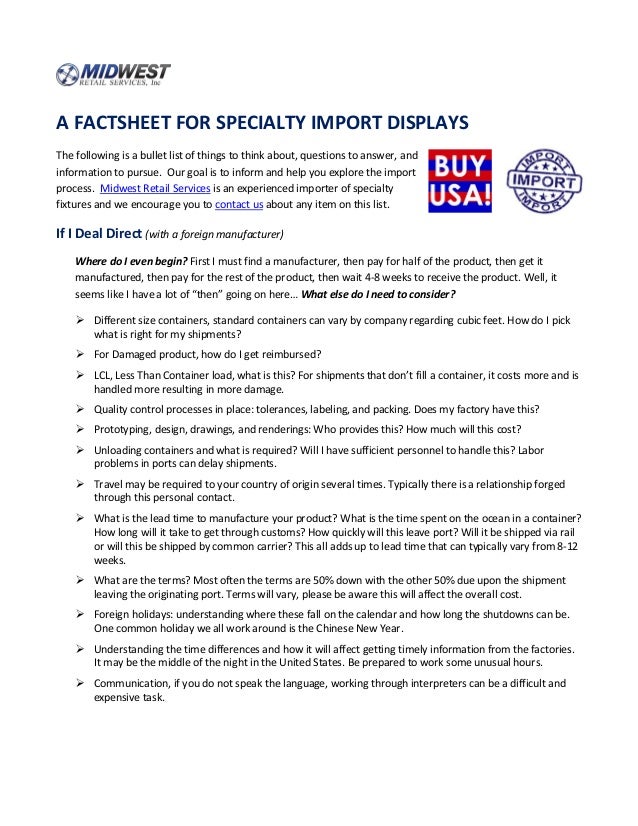 Midwest Retail Services' Specialty Import Displays Fact Sheet | PDF