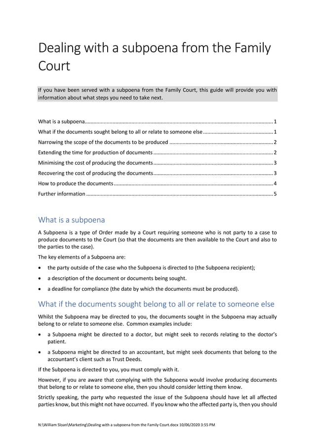 Dealing with a subpoena from the family court | PDF