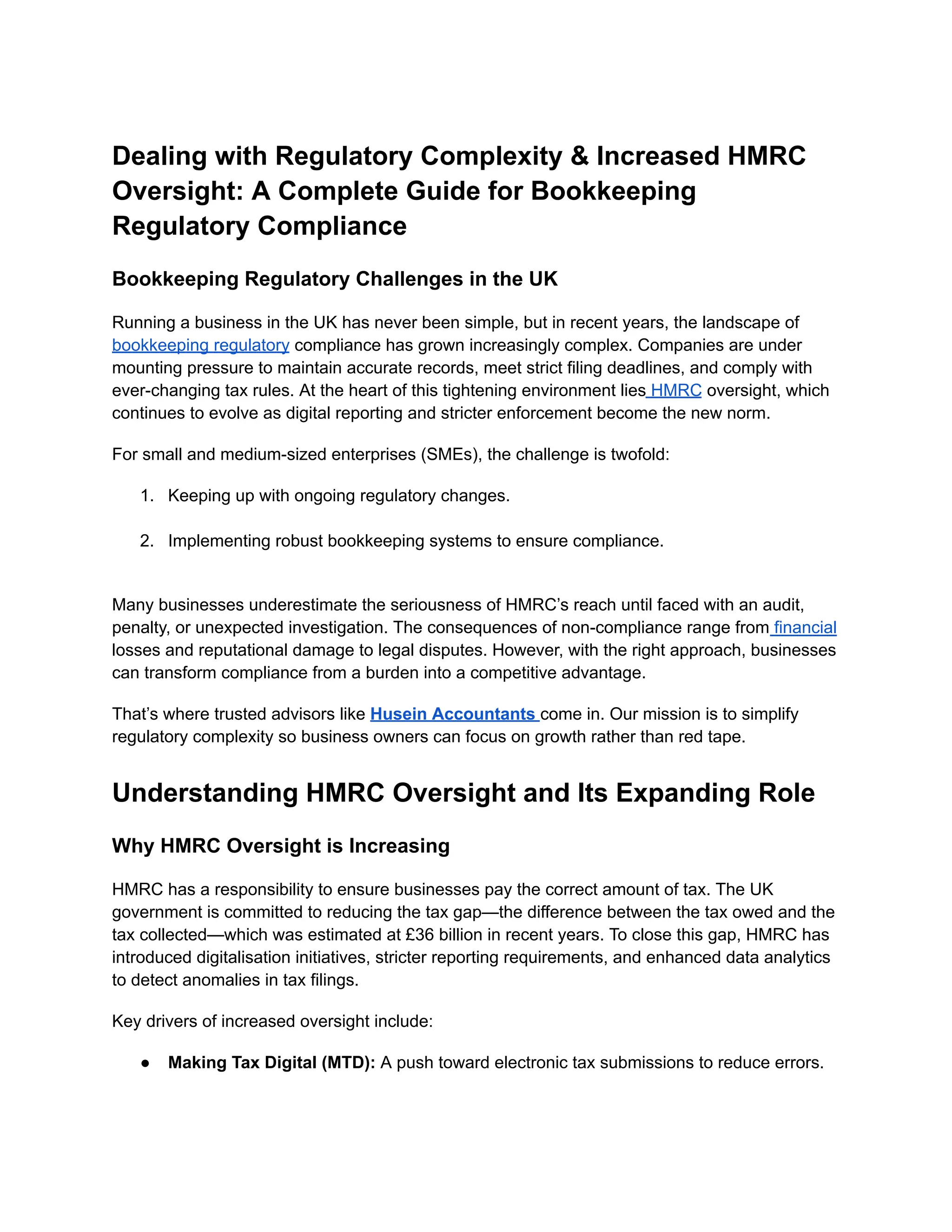 Bookkeeping Regulatory Compliance & HMRC Oversight | Husein Accountants | PDF