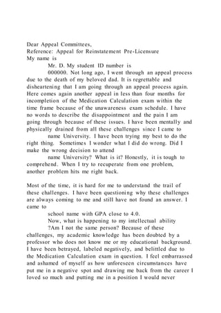 Dear Appeal Committees,Reference Appeal for Reinstatement Pre-L | PDF