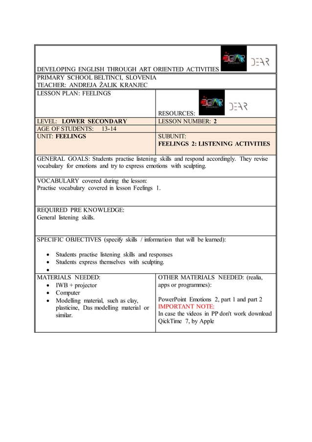 Dear lesson plan feelings 2 | DOCX