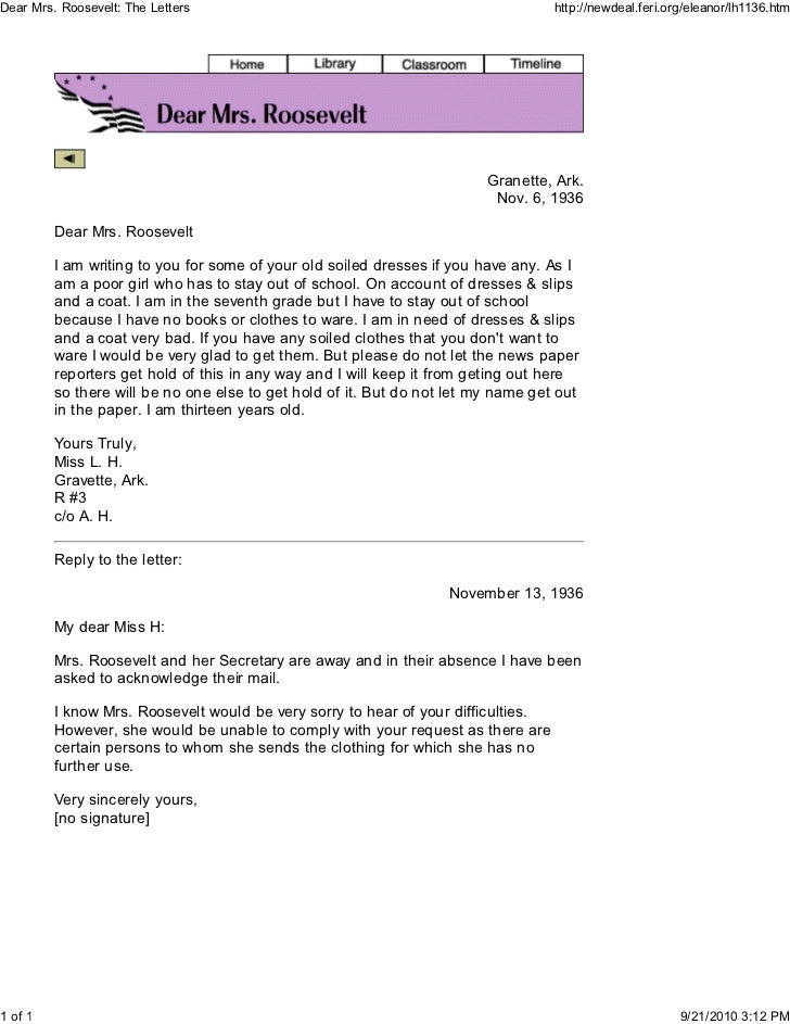 Dear Mrs Roosevelt Dear Mrs Roosevelt