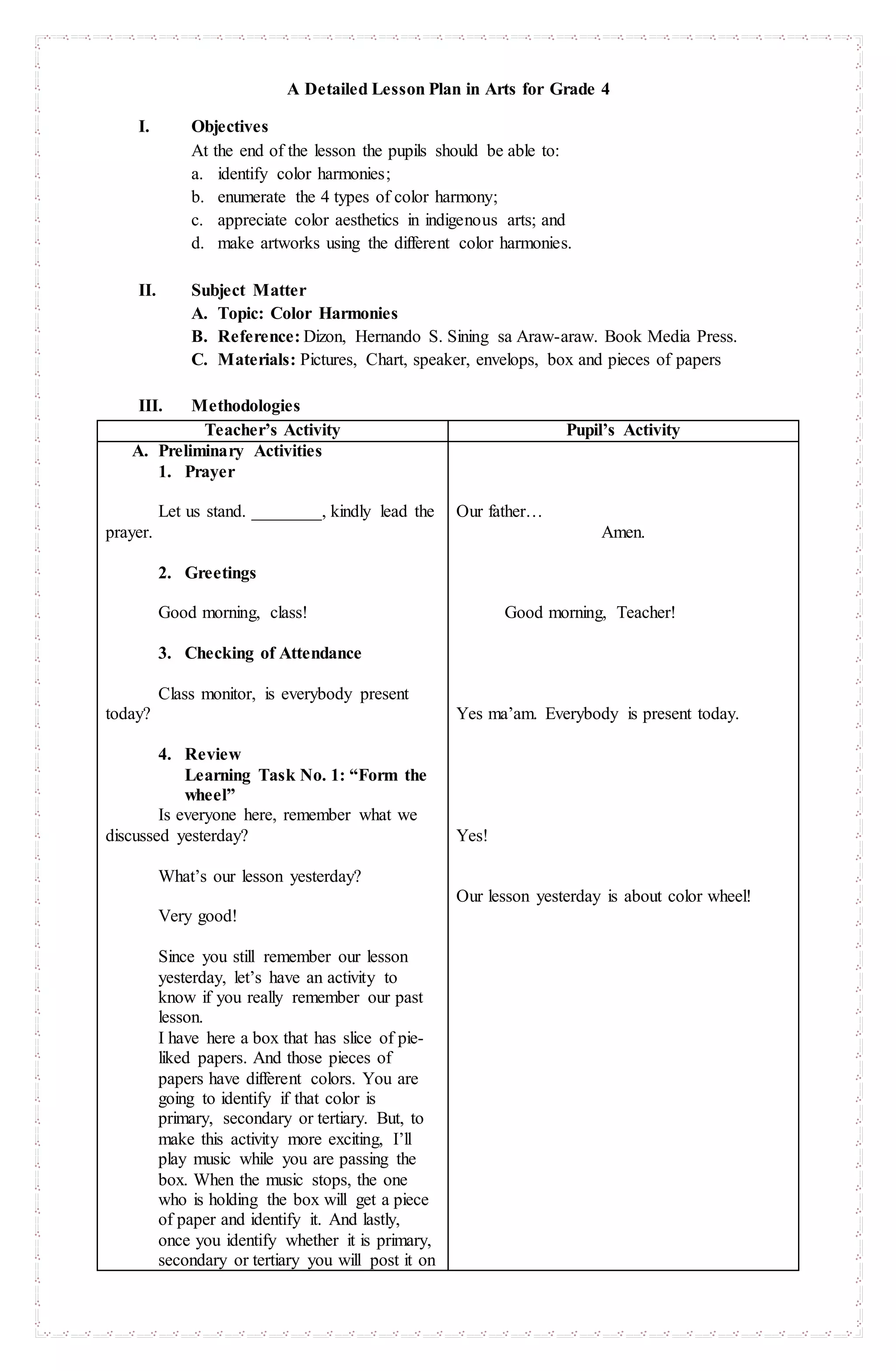Deatailed Lesson Plan in Arts Color Harmony | DOCX