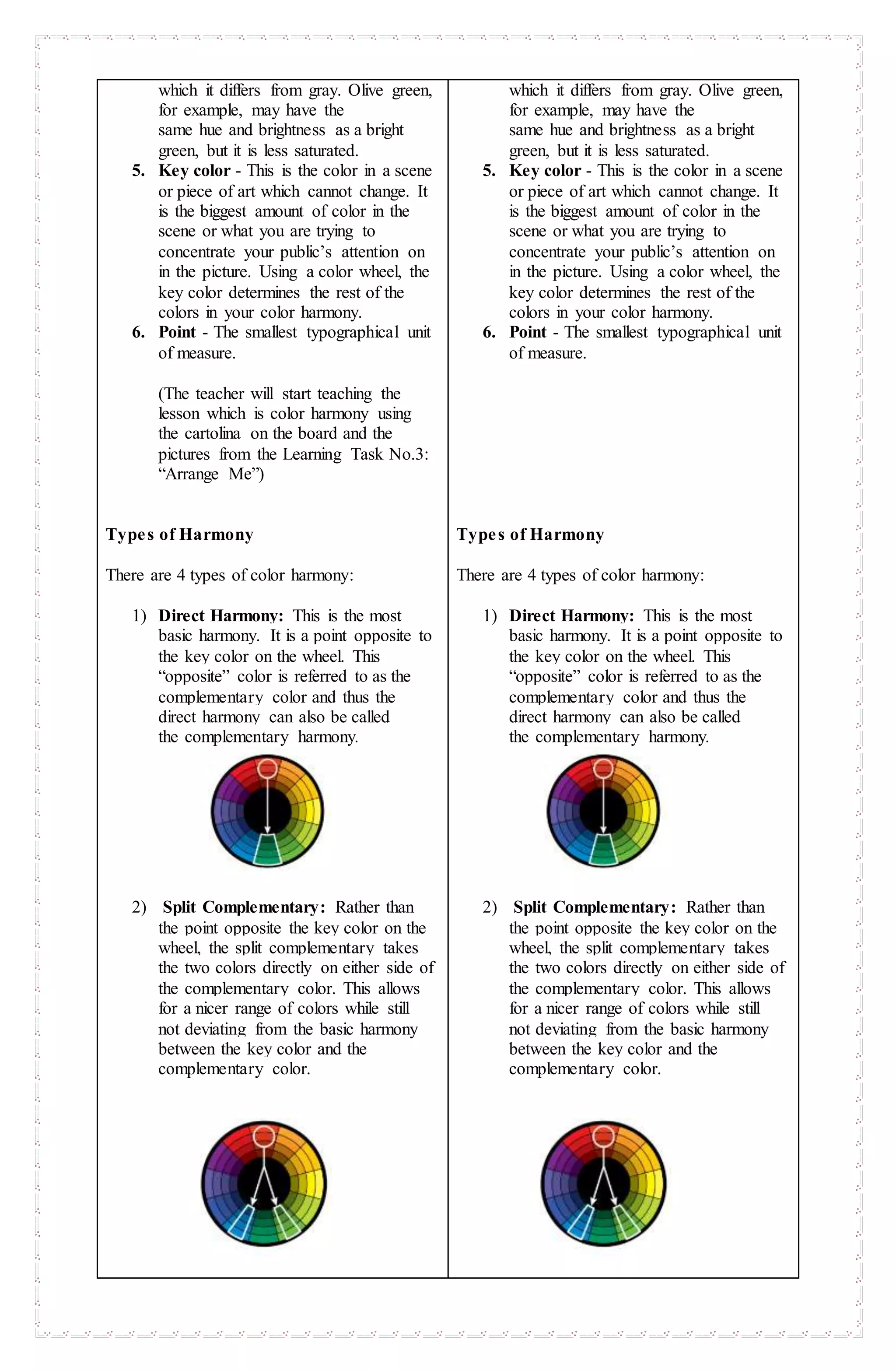 Deatailed Lesson Plan in Arts Color Harmony | DOCX