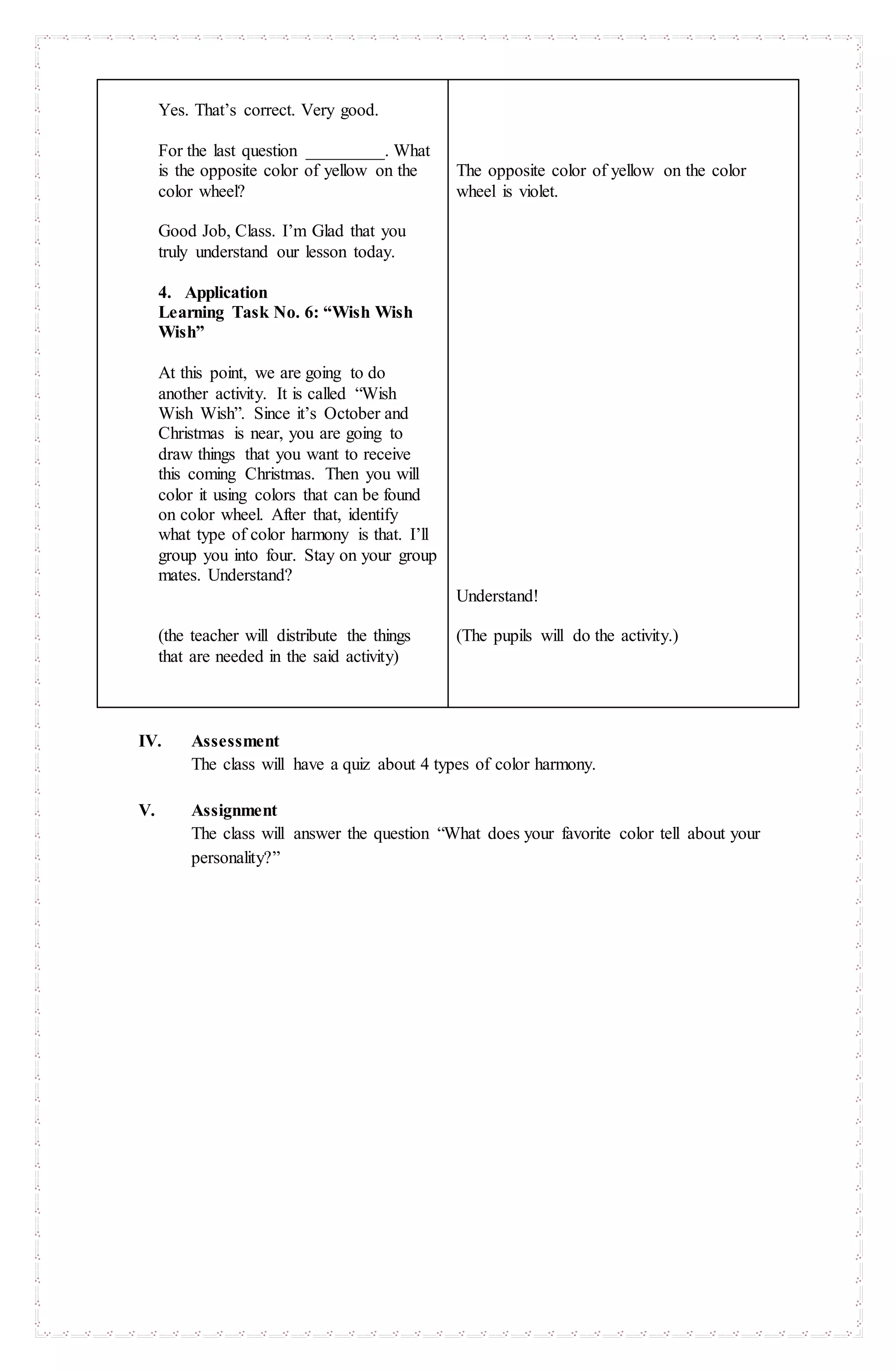 Deatailed Lesson Plan in Arts Color Harmony | DOCX