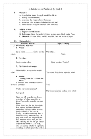 Deatailed Lesson Plan in Arts Color Harmony | DOCX