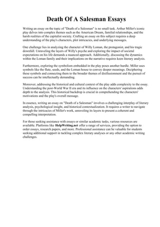 Death Of A Salesman Essays. Summary of Death of a Salesman: Plot ...