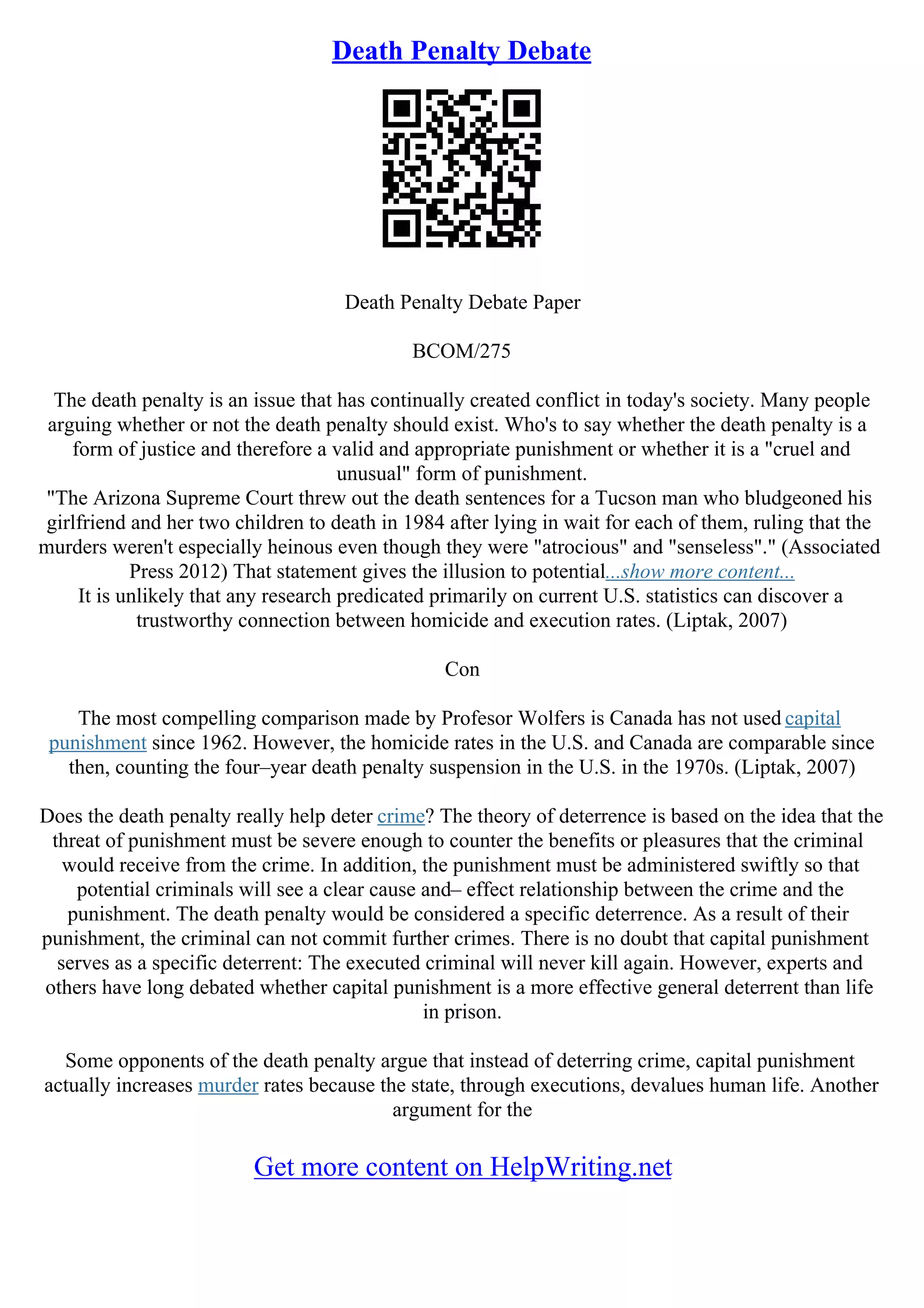 Death Penalty Debate Essay | PDF | Death, Injury, or Military Conflict ...