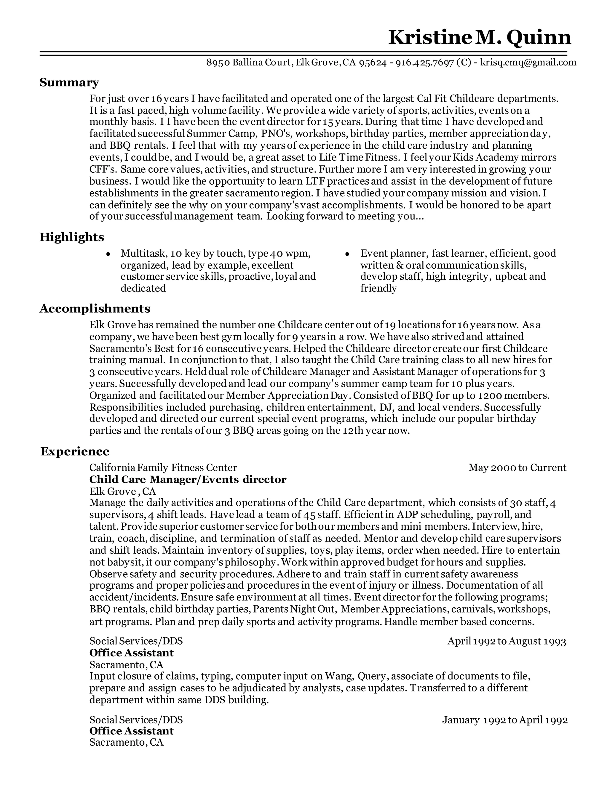 Kristine Quinn Resume - Revised 09.15.16 | Daycare and Pre-School | Parenting
