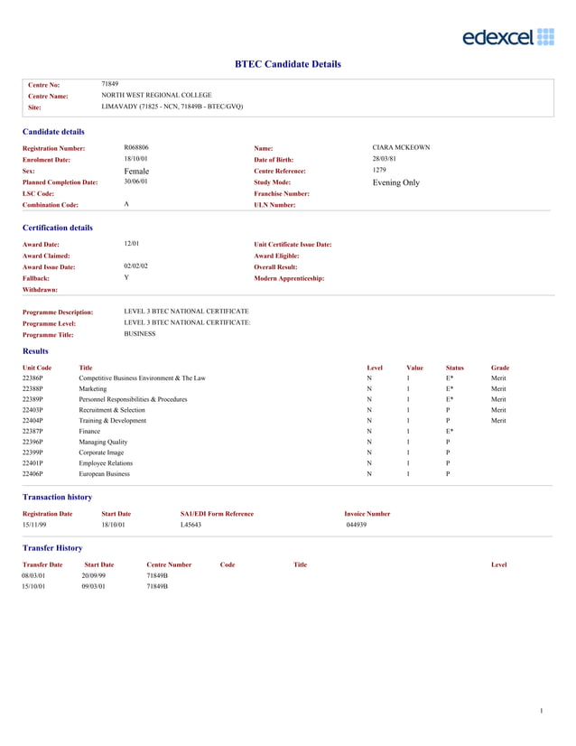 BTEC TRANSCRIPT | PDF