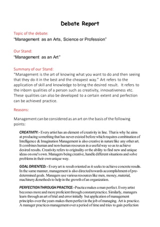 Debate report on Management is Art | PDF