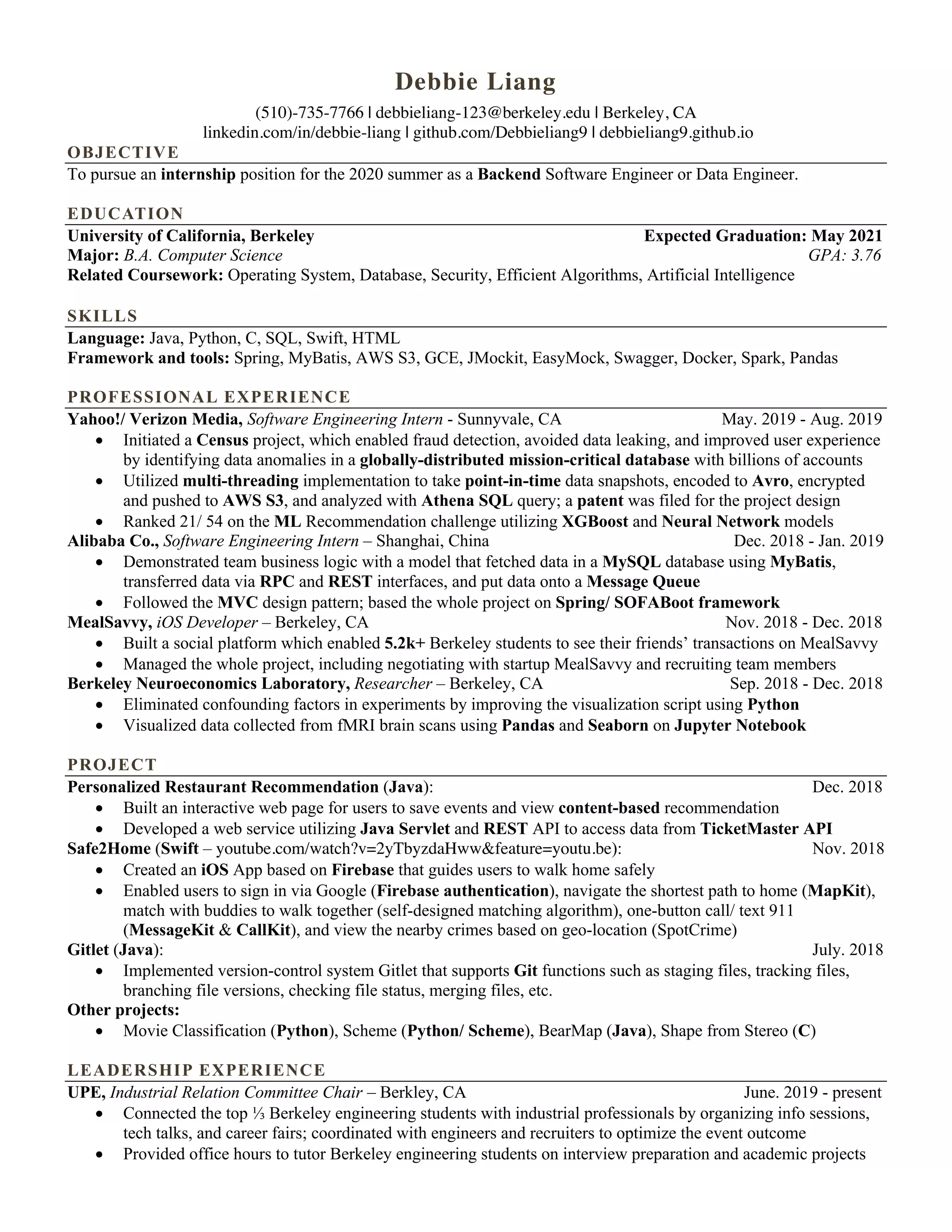 Debbie liang resume | PDF | Programming Languages | Computing