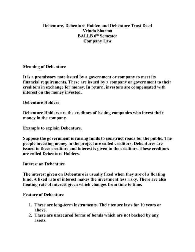 Debenture.docx | Stocks and Bonds | Personal Investing