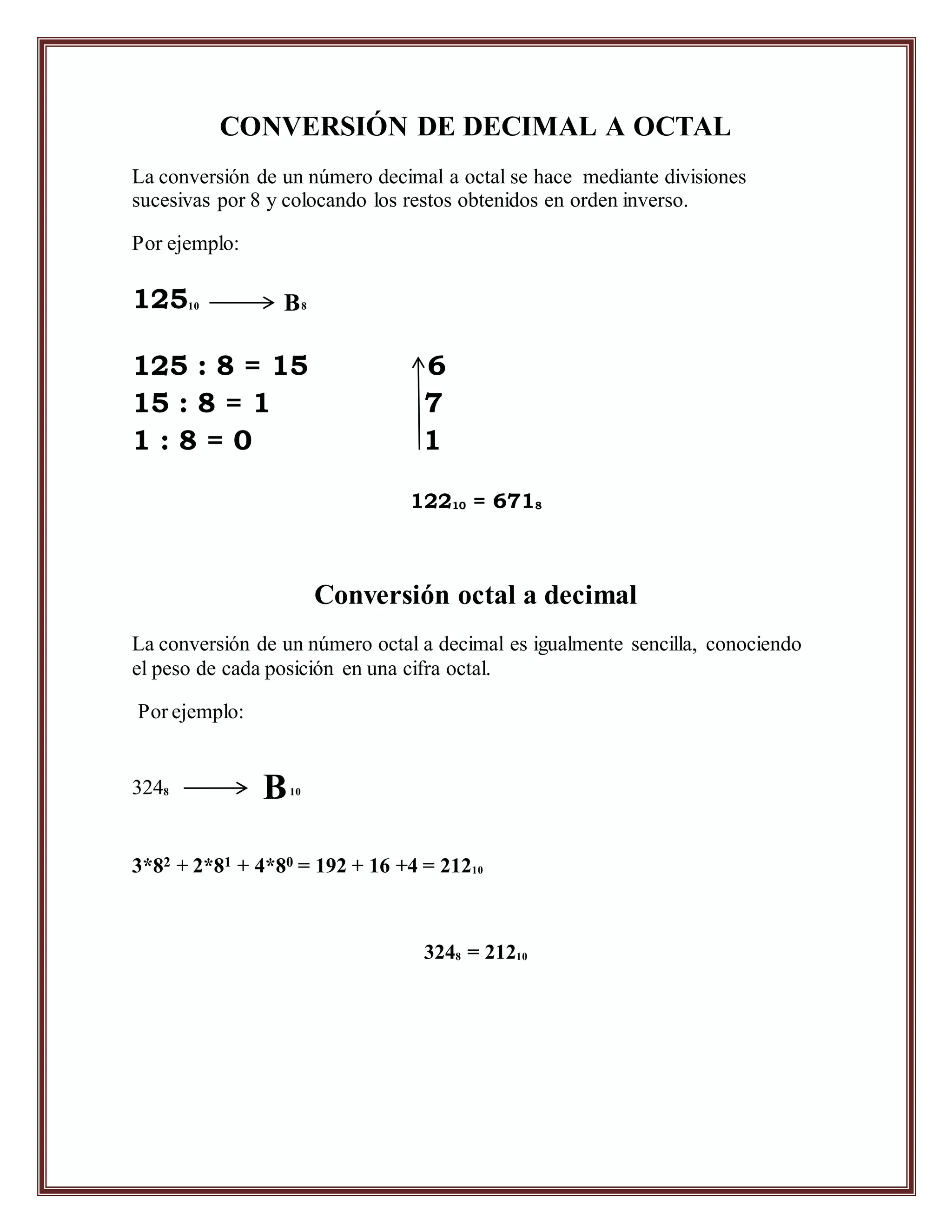 CONVERCIONES DE DECIMAL A OCTAL Y DE OCTAL A DECIMAL | DOCX
