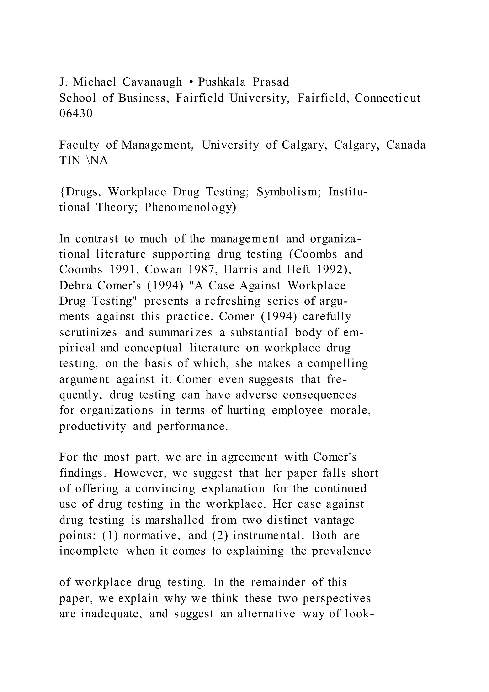 DEBRA R. COMER CrossroadsA Case Against Workplace Drug Tes | DOCX ...