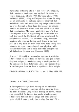 DEBRA R. COMER CrossroadsA Case Against Workplace Drug Tes | DOCX