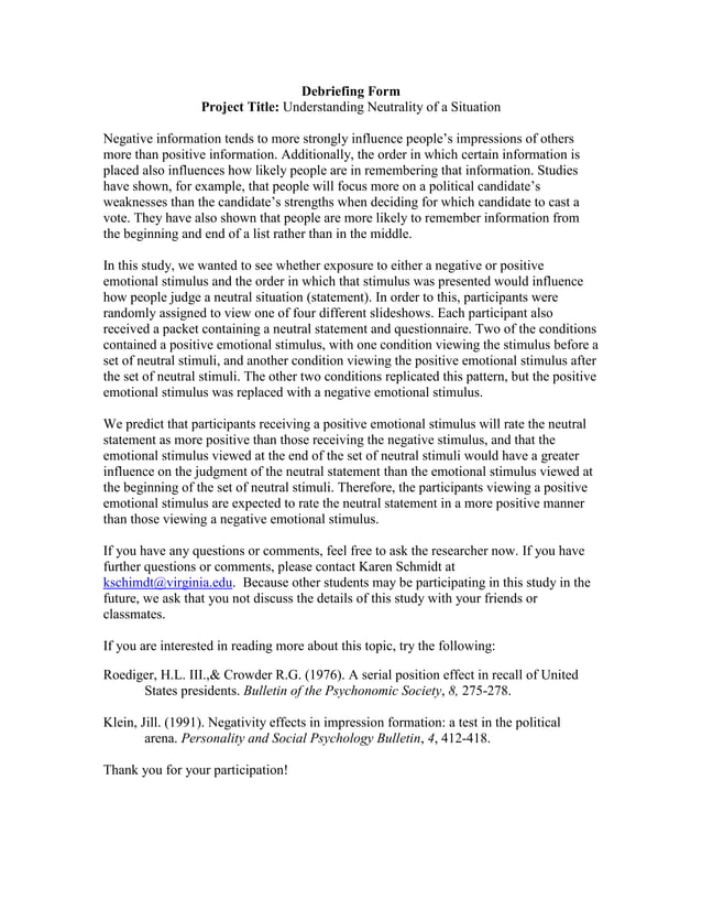 Debriefing form | DOCX | Science