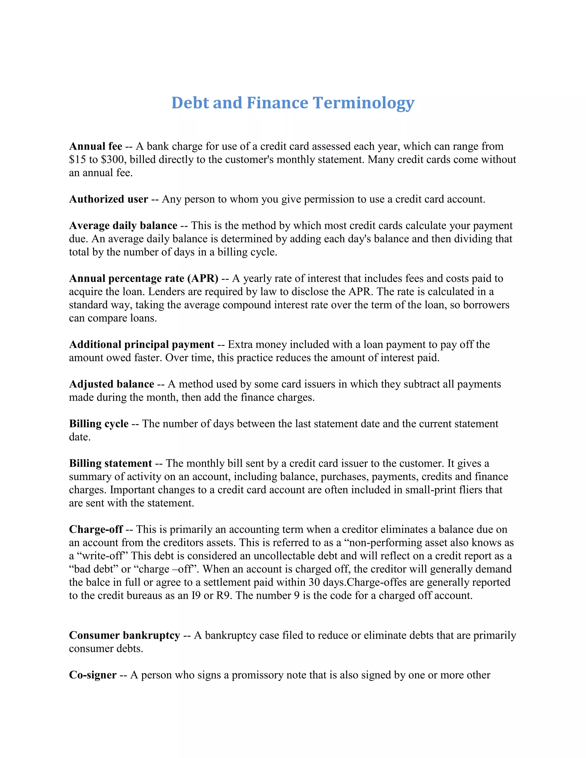 Debt And Finance Terminology | DOCX