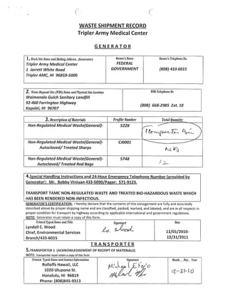 Dec. 31, 2010 Tripler Army Medical Center Waste Shipment Record | PDF