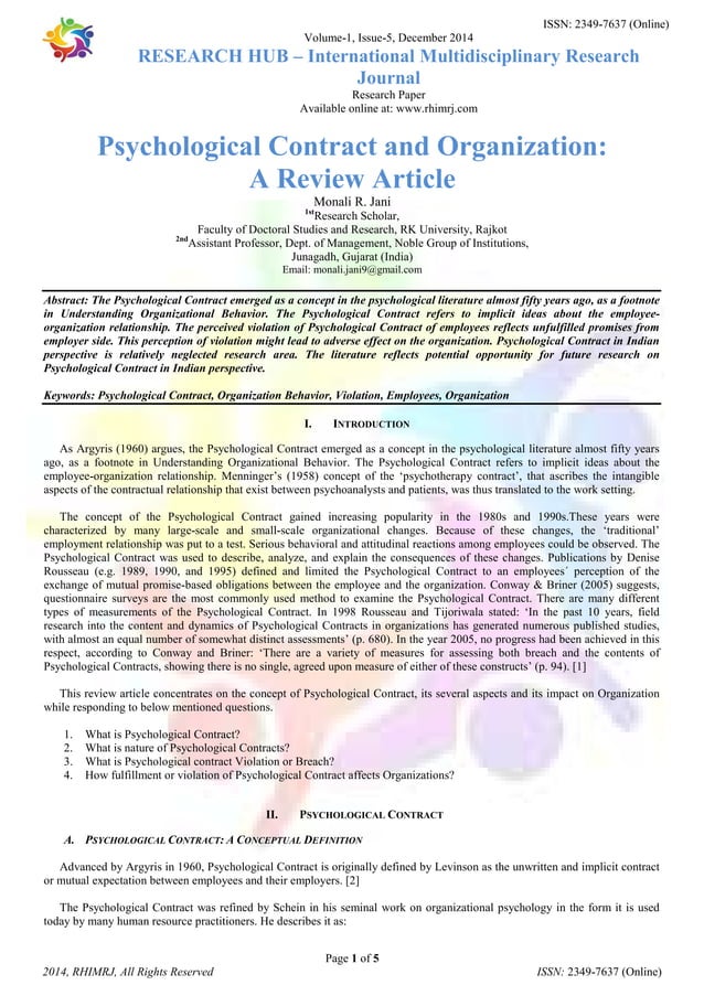 Psychological Contract and Organization: A Review Article | PDF