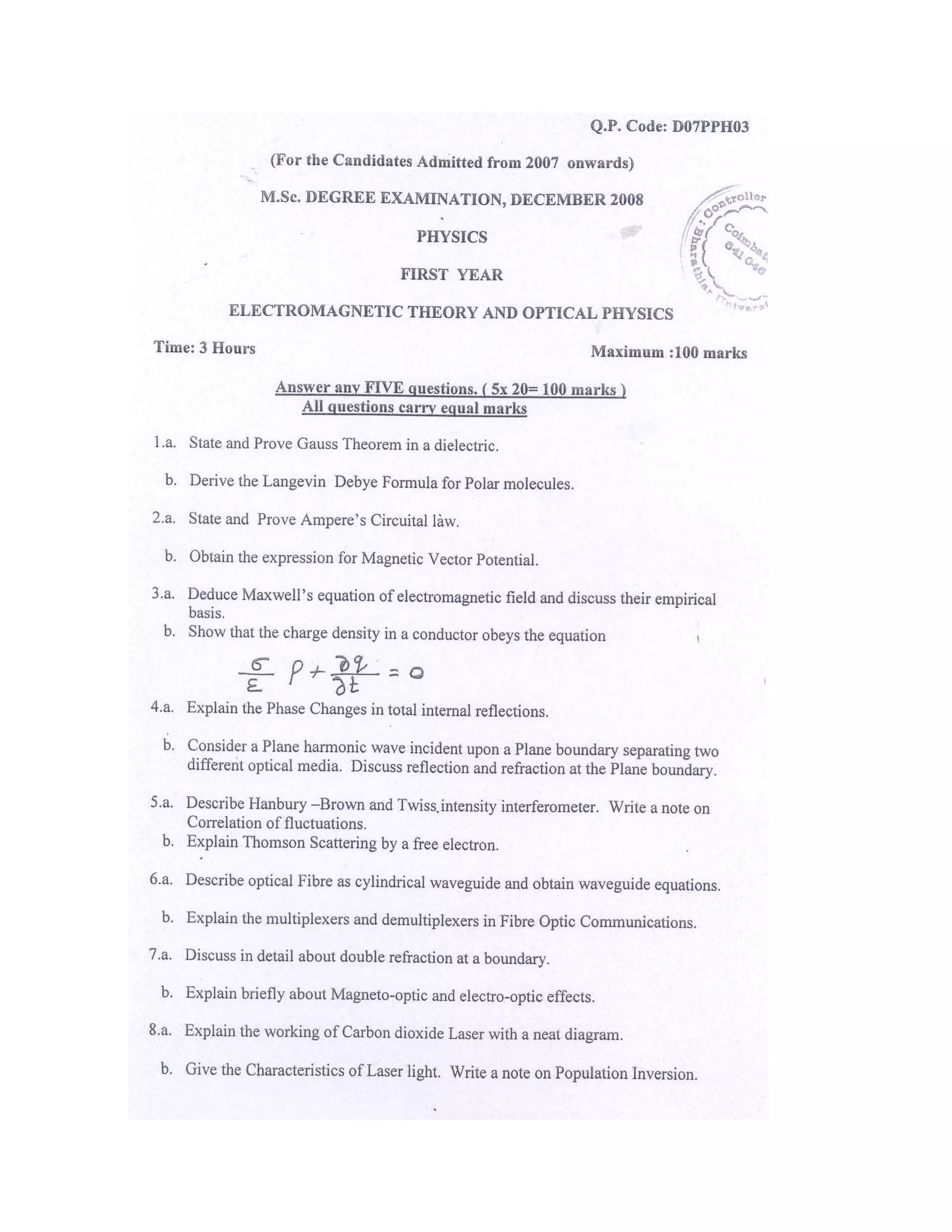 M.Sc., Physics model questions -Dec 2008 (Bharathiar University) | PDF