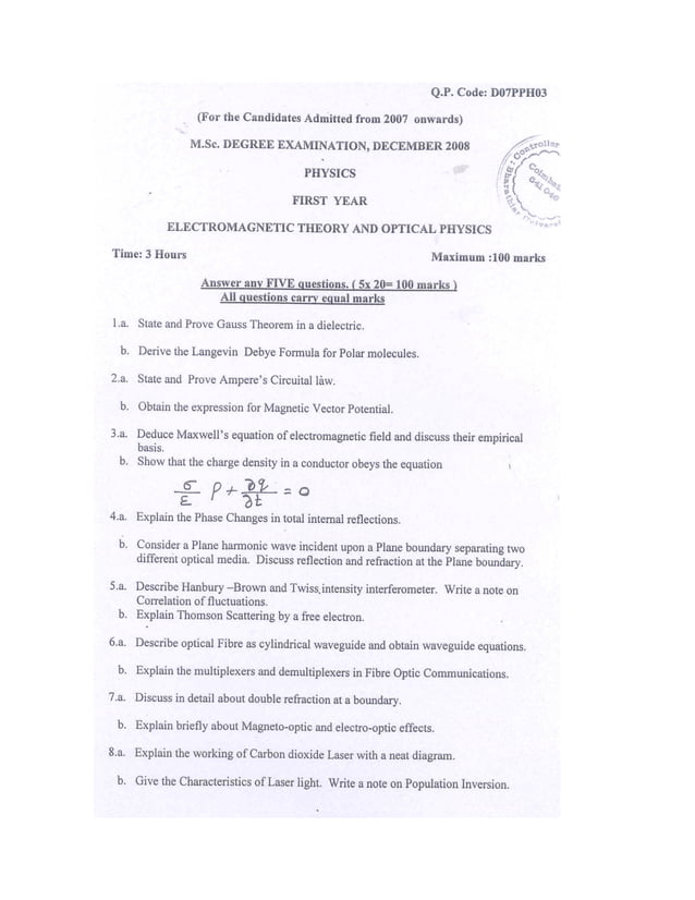 M.Sc., Physics model questions -Dec 2008 (Bharathiar University) | PDF