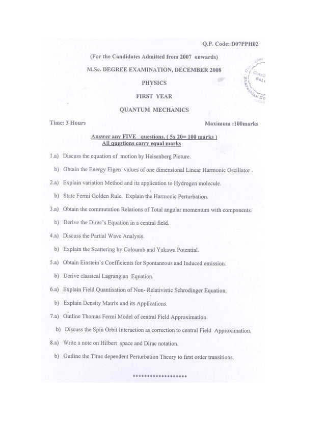 M.Sc., Physics model questions -Dec 2008 (Bharathiar University) | PDF