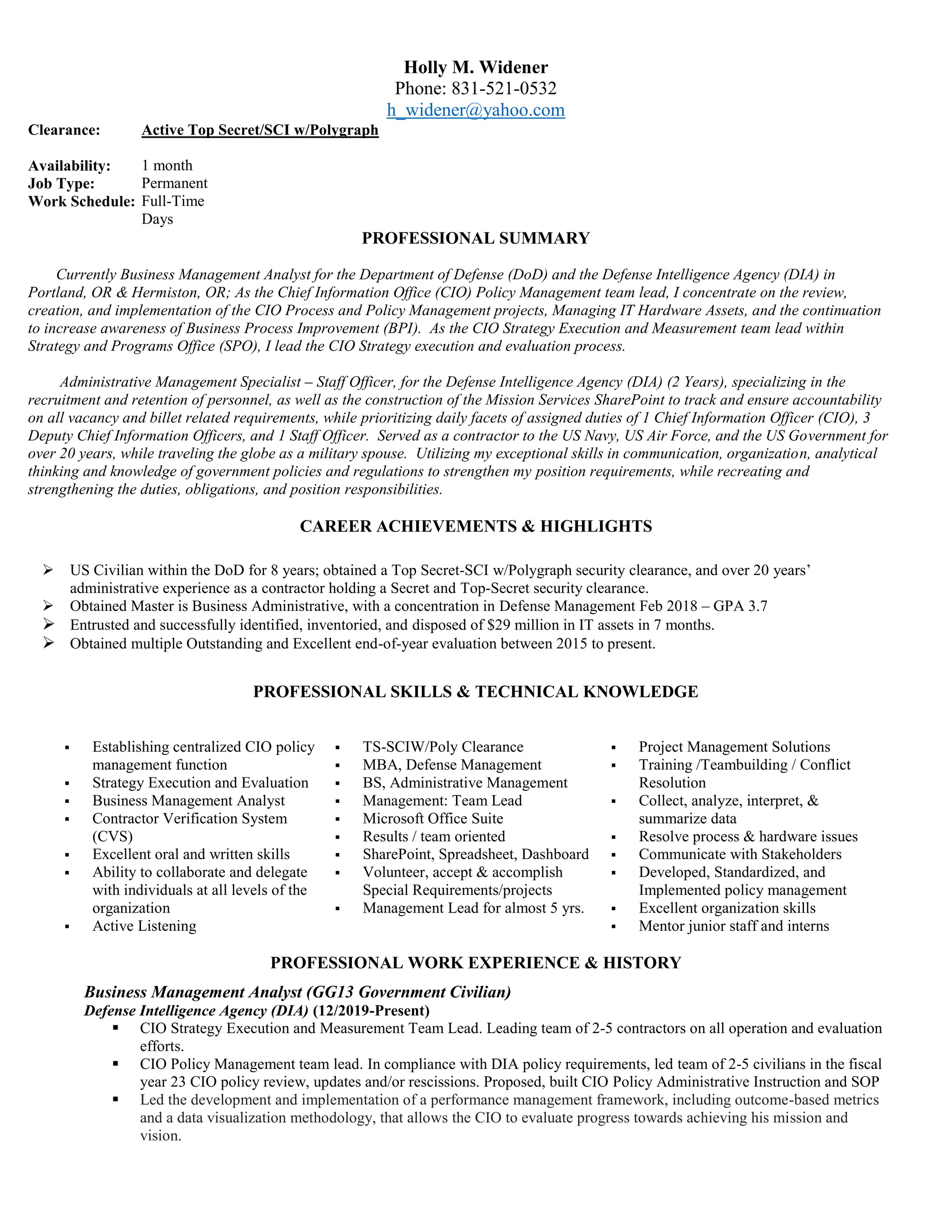 Widener Holly Resume and Cover Letter.docx | Defense Industry | Industries