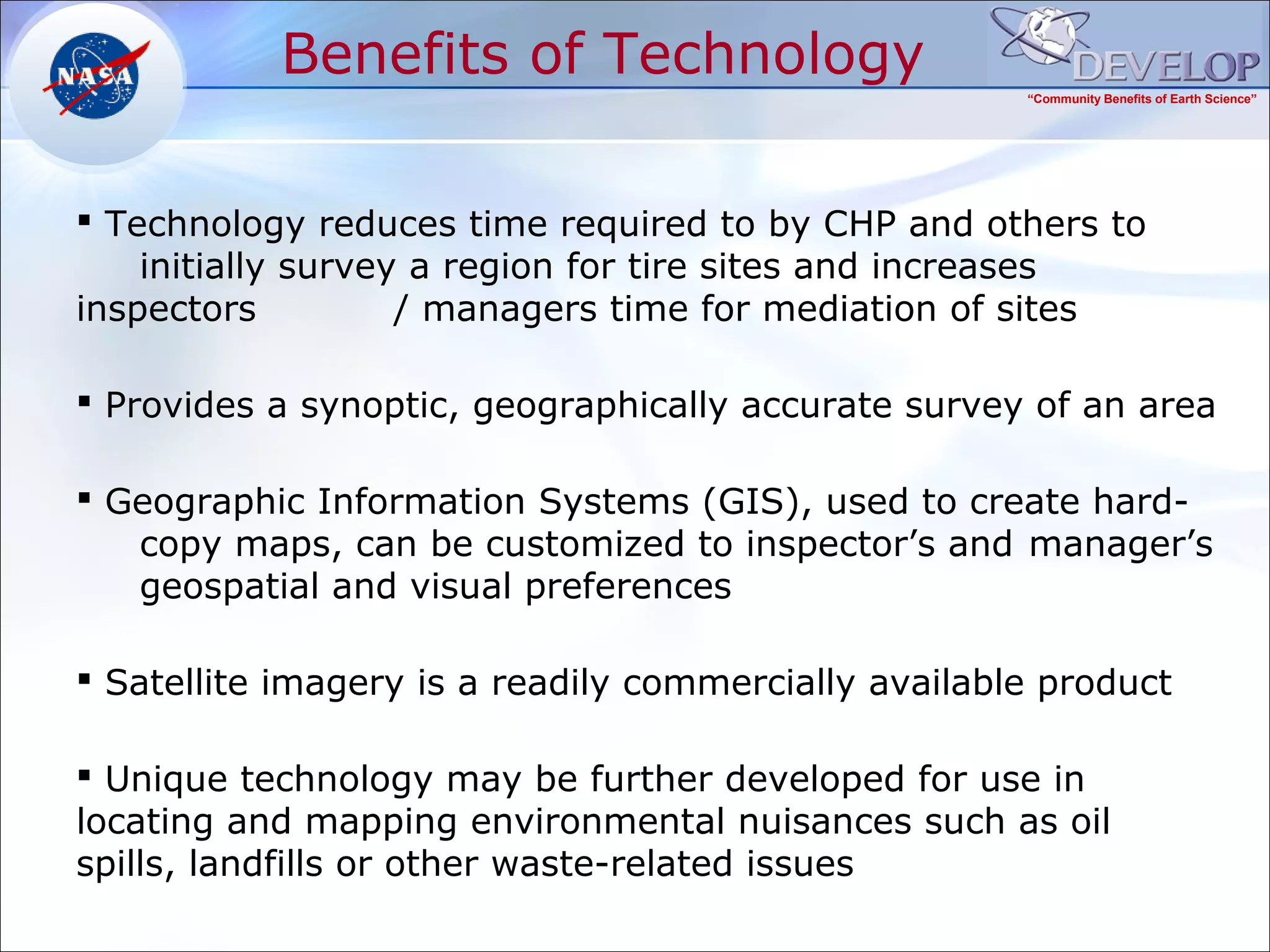 NASA DEVELOP Waste Tire Pile Maps from Space | PPT