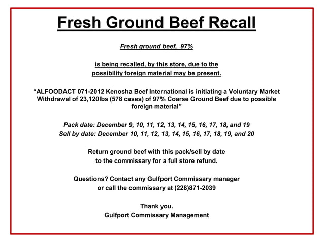 NCBC Gulfport DeCA Meat Recall | PDF