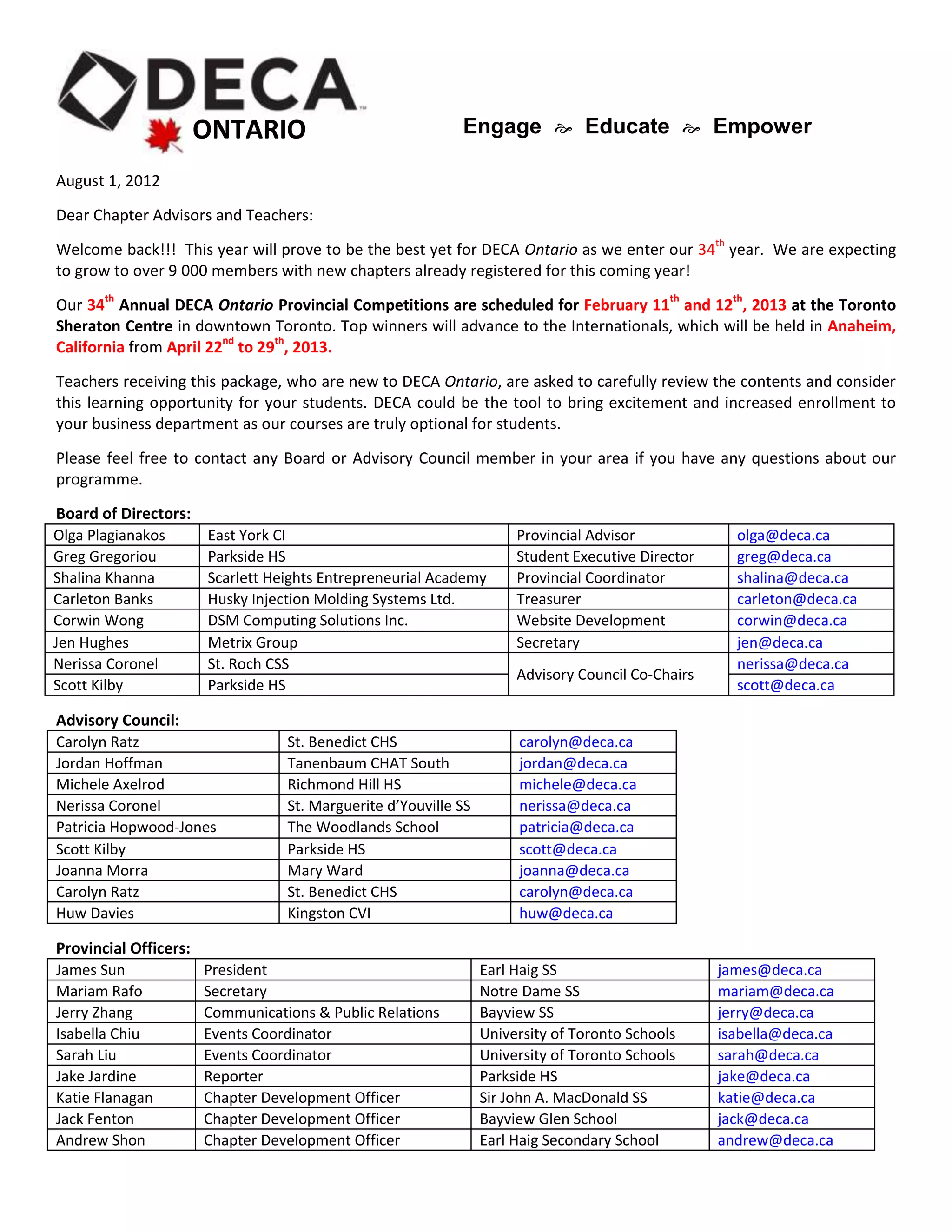 DECA Ontario Timelines and Dates | DOC
